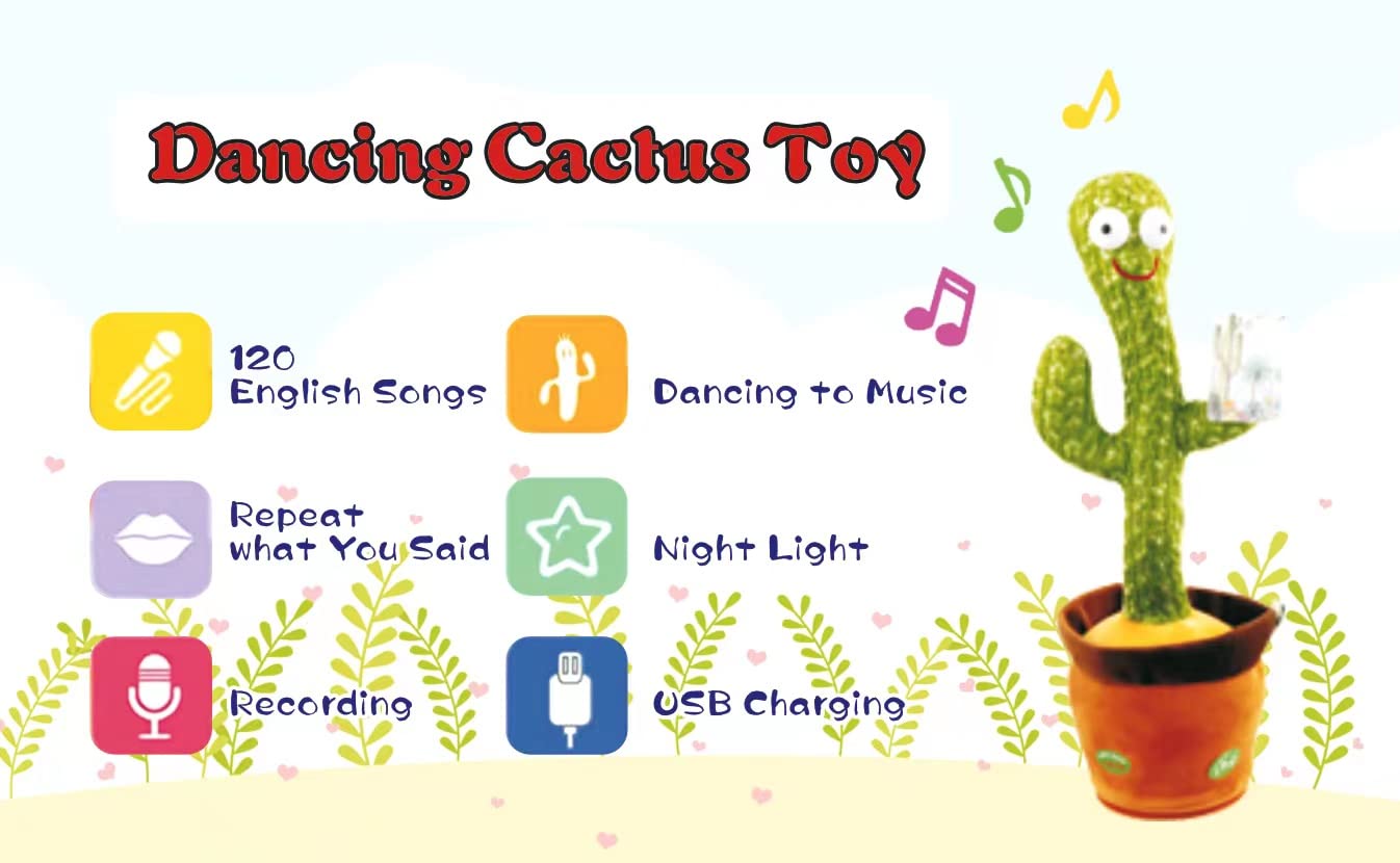 Ferlert Dancing Cactus,Talking Cactus Toy, Electronic Dancing Cactus Toy with Lighting,Singing Cactus Recording and Repeat Your Words,Cactus Mimicking Toy Green A