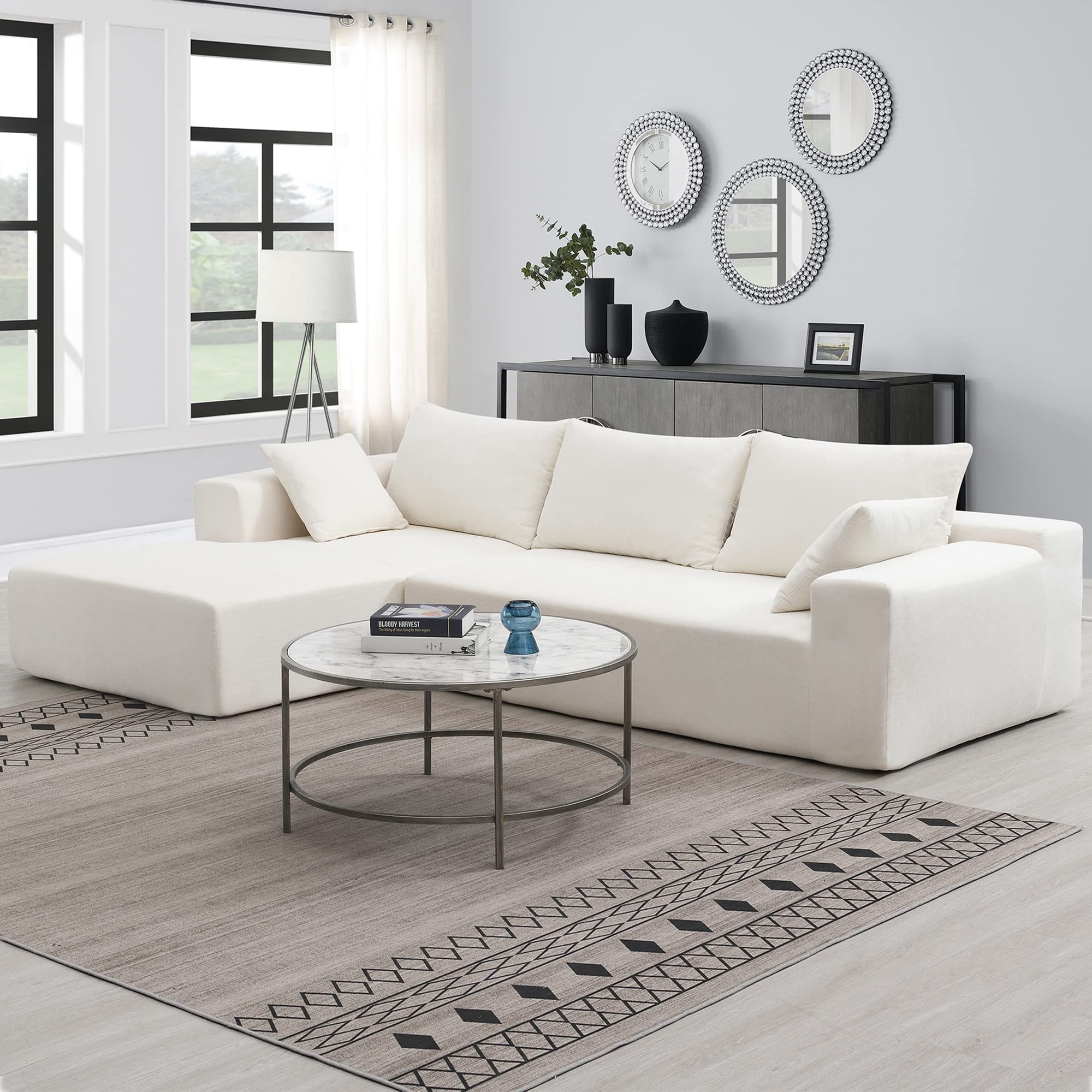 BIADNBZ 109" Modular Sectional Sofa with Chaise Lounge and Pillows, Convertible L Shaped Couch for Living Room Small Spaces Apartment Salon, Upholstered Chenille Fabric Sleeper,White