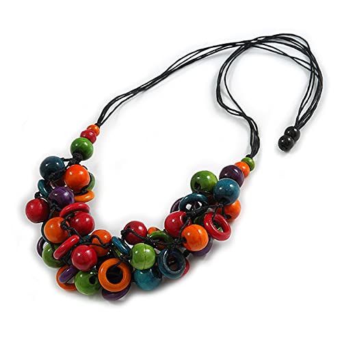 Avalaya Multicoloured Wooden Round Bead and Ring Cotton Cord Long Necklace - 80cm Max/Adjustable