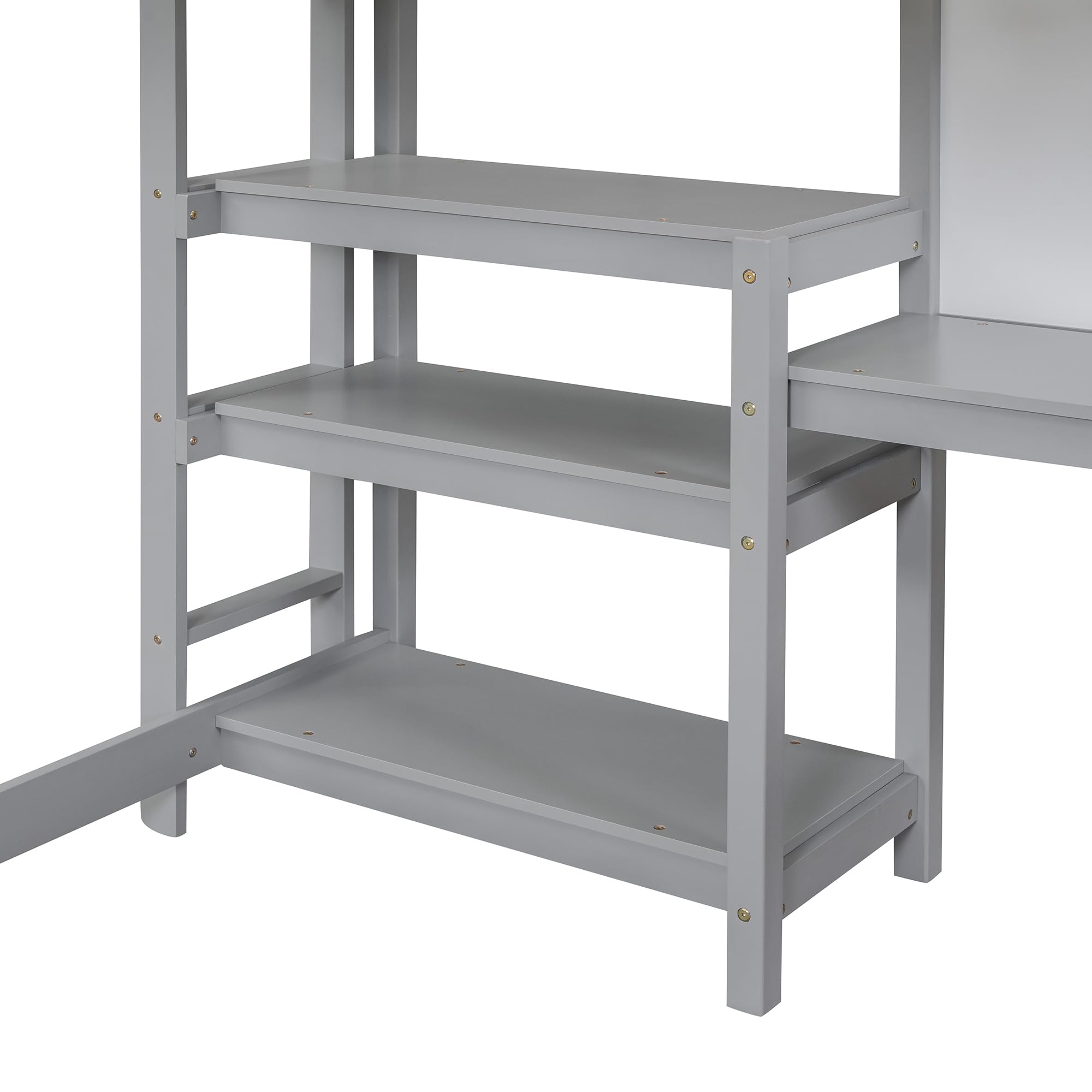 BIADNBZ Full Size Loft Bed with Desk, Shelves and White Writing Board, Wooden High LoftBed Frame, for Kids Teens Bedroom, Gray