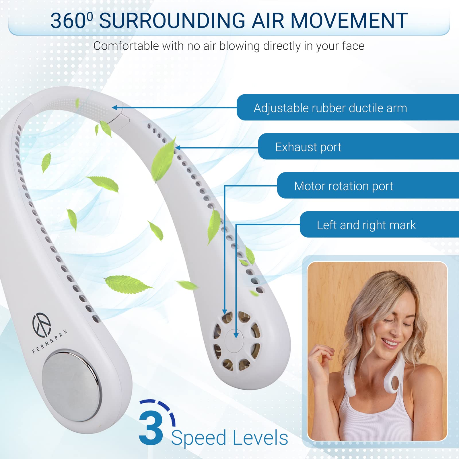 Fern & Pax Bladeless Neck Fan – USB Rechargeable Portable Neck Fan with 3 Airflow Levels – Headphone Design Cooling Fan – Wearable Cooling Device with Flexible Rubber Ductile Arm