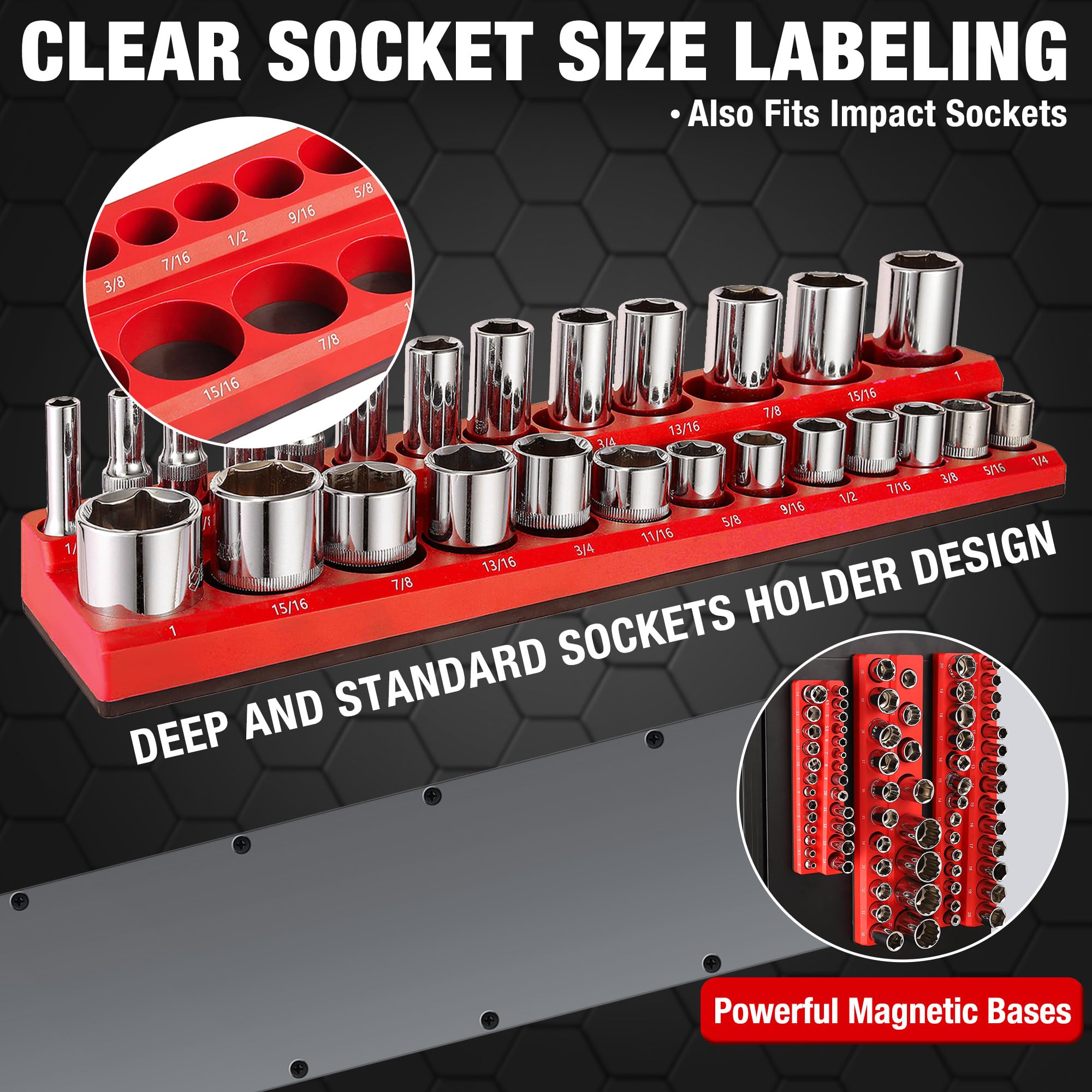 ALOANES 141-Slot Magnetic Socket Organizer, 6PC Socket Holder Kit, 1/2-inch, 3/8-inch, 1/4-inch Drive Socket Tray Holders,for Standard and Deep Metric SAE Sockets, Heavy Duty Organizer(Red&Blue)