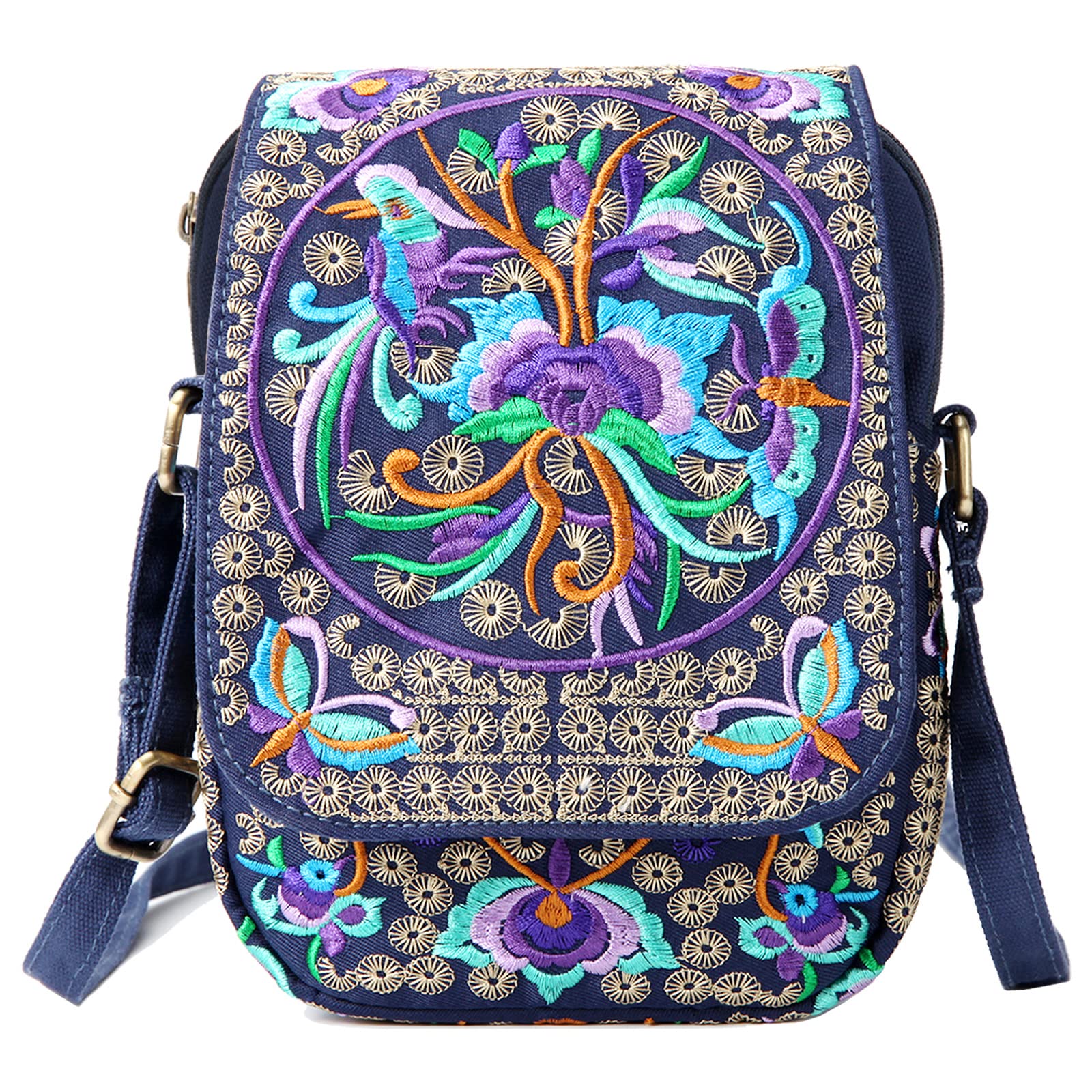 Embroidered Small Canvas Crossbody Bag Cell Phone Bag for Women Handmade Mini Shoulder Bag Wallet Bag Pouch(Blue)