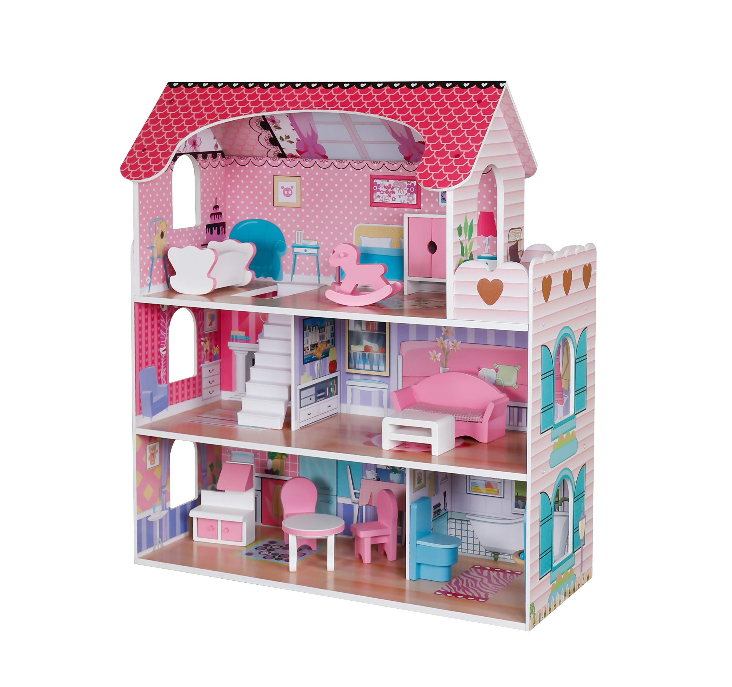 PIDOKO KIDS Wooden Dollhouse - includes 12 Pcs Furniture Accessories - Wood Doll House for 3 4-5 Year Old Girls