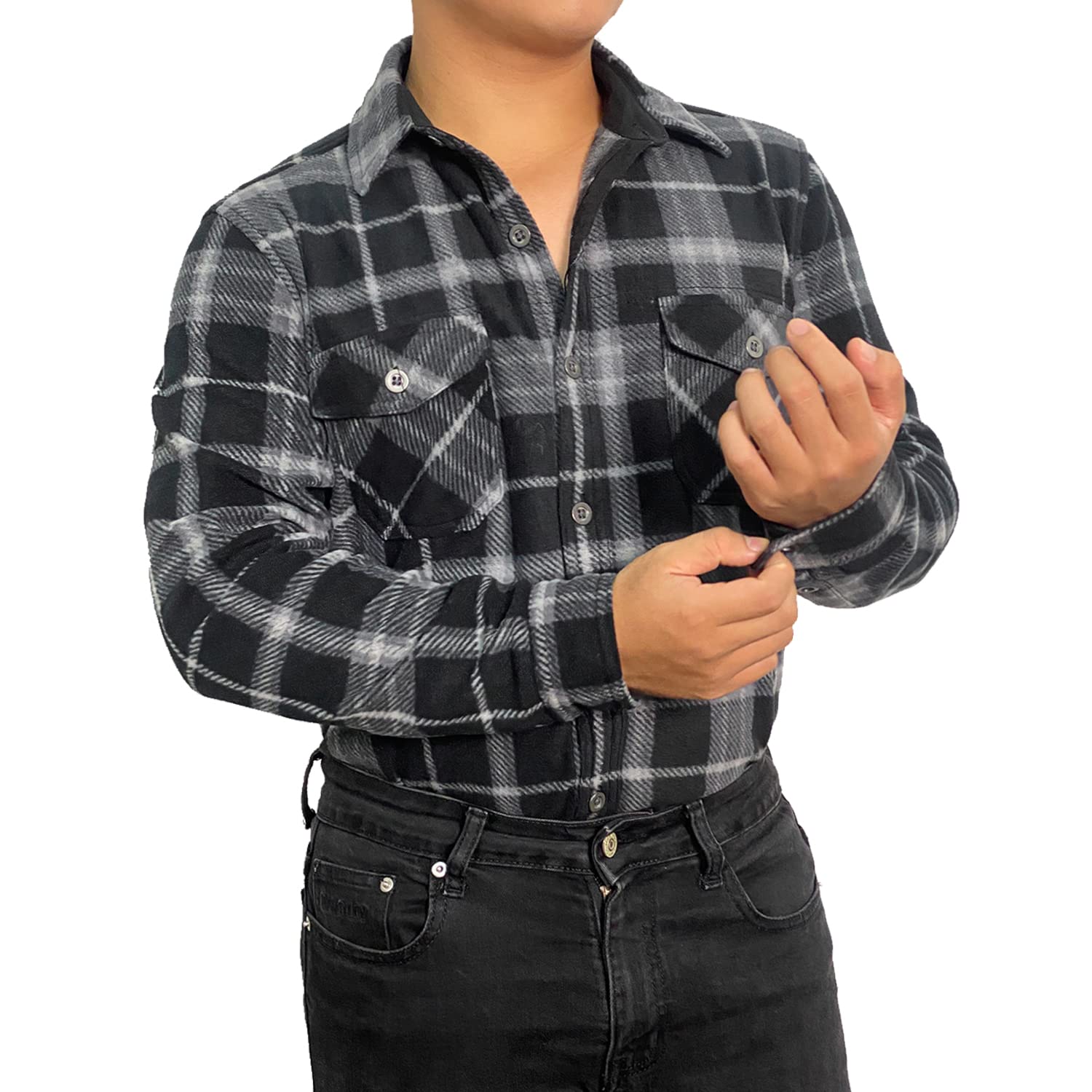 Aligro - Black Long Sleeve Plaid Flannel Casual Shirts, Button Down Regular Fit Cotton Shirt with Two Pockets (Size S)