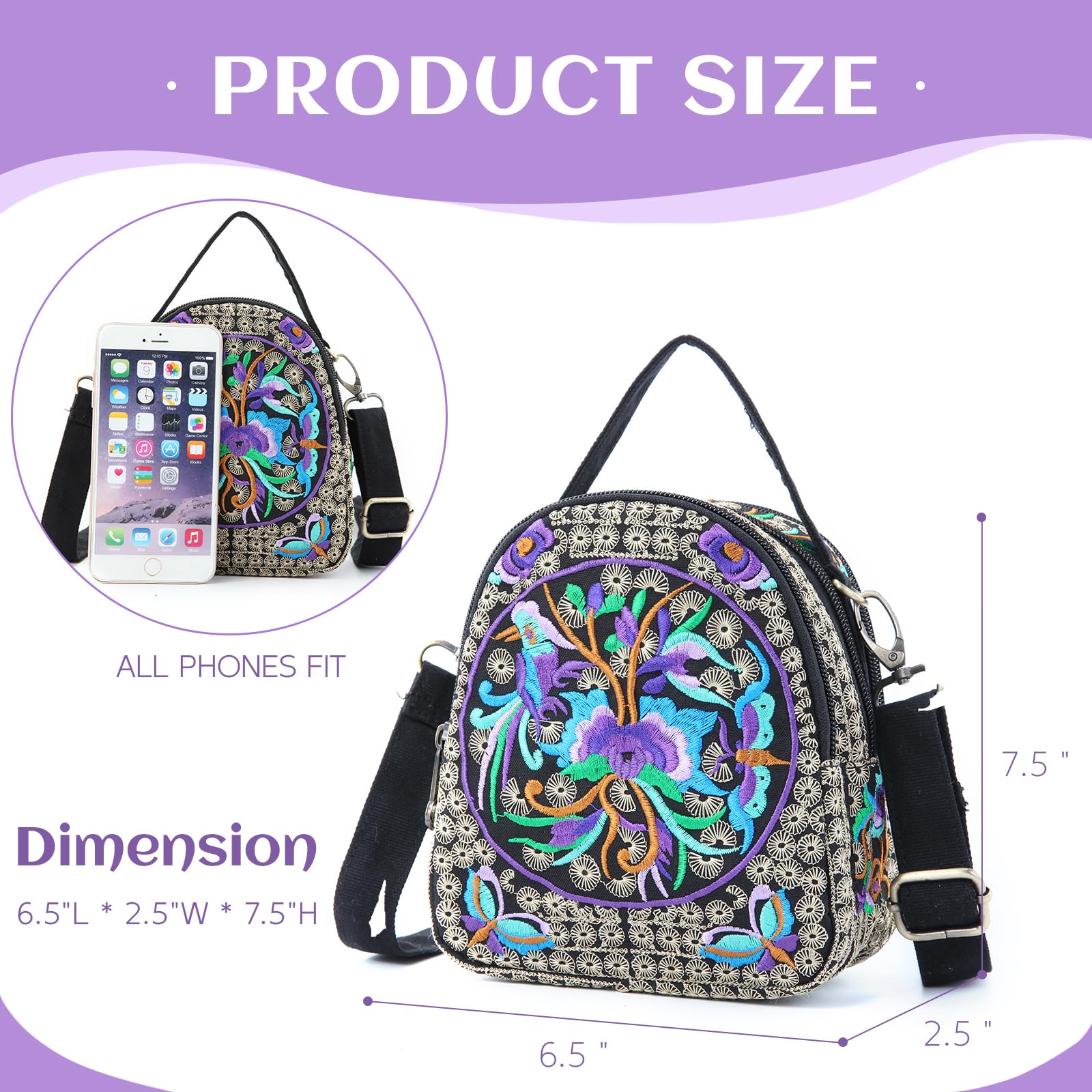 Embroidery Canvas Shoulder Bag Women Vintage Boho Mini Crossbody Bag Handbag Cell Phone Pouch (Purple)
