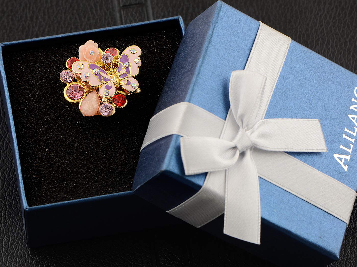 Alilang Golden Tone Shine Pink Crystal Rhinestones Enamel Butterfly Insect Flower Fashion Ring