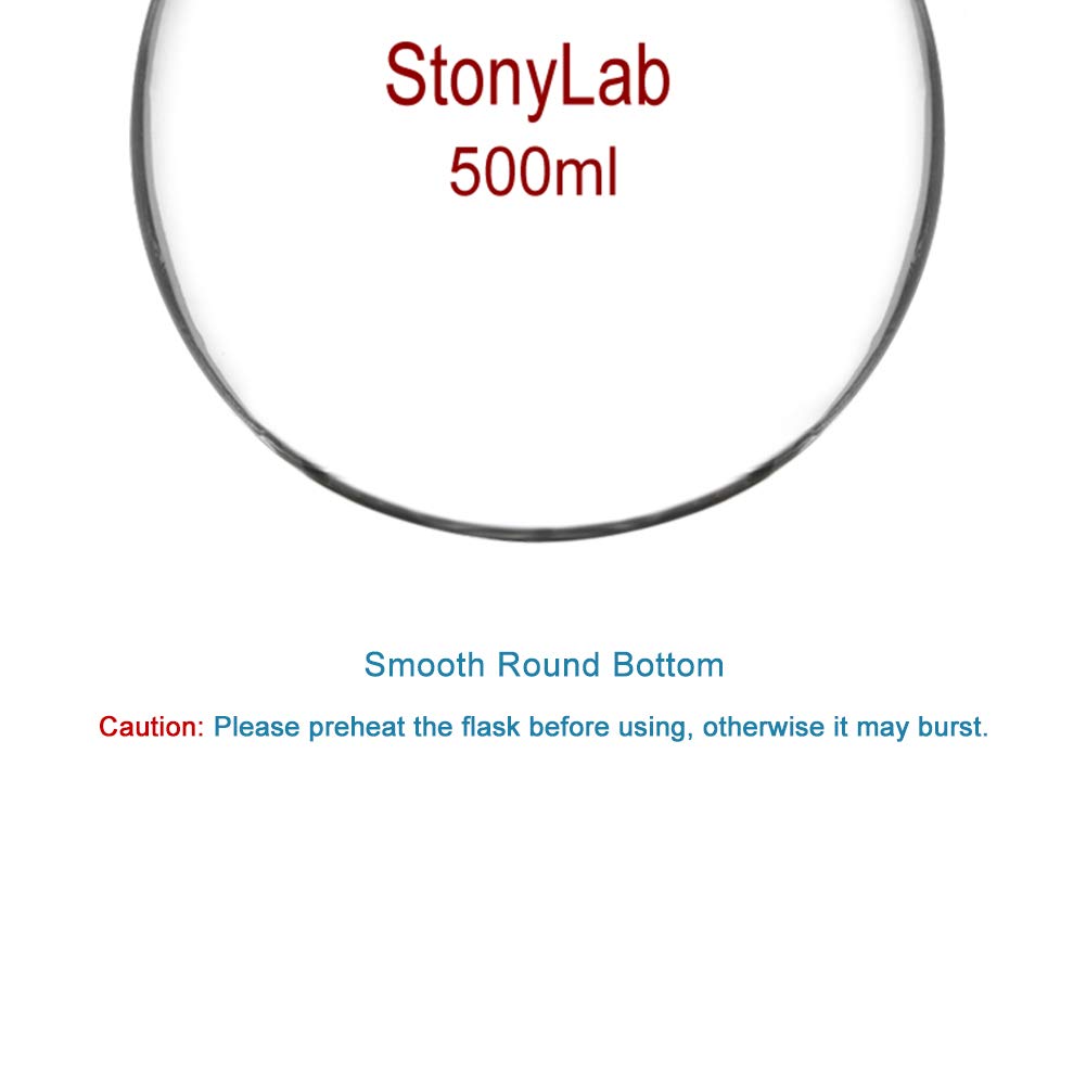 StonyLab Glass 500mL Heavy Wall Single Neck 1 Neck Round Bottom Flask RBF, with 19/22 Standard Taper Outer Joint - 500mL