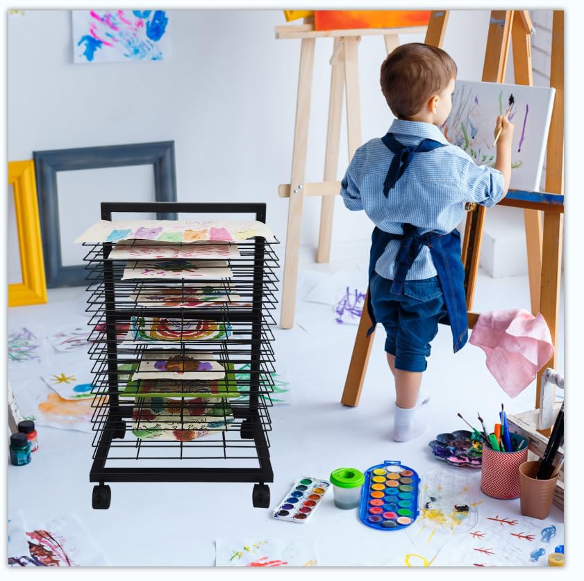 Tongmo Art Drying Rack - Multi-functional Art Storage Rack with Wheels, 19 Removable Shelves for Classroom and Art Studio Use, Ideal for Paint Drying