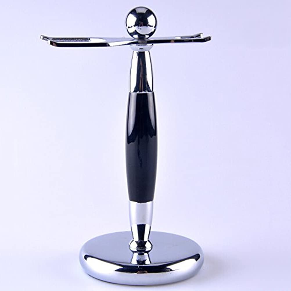 SANWA Deluxe Stainless Steel Shaving Brush Stand Holder for Razor & Brush Weighted Base Black Handle