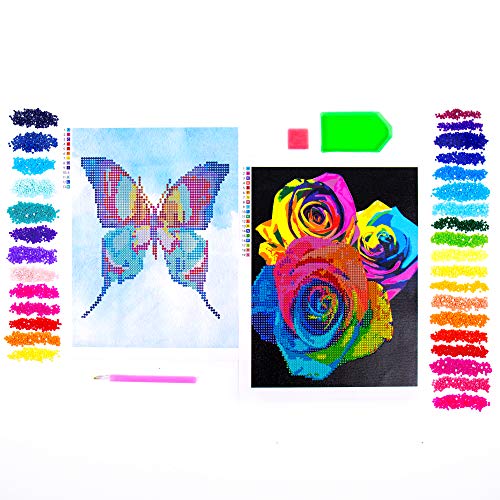 Dazz 3D Gemstone Painting Butterfly & Roses Pack of 2 by Horizon Group USA, Includes 2 8”X10” Diamond Dotz Painting, Rhinestone Sheets for Adults & Children, Gem Tray & Stylus Included.Multicolored