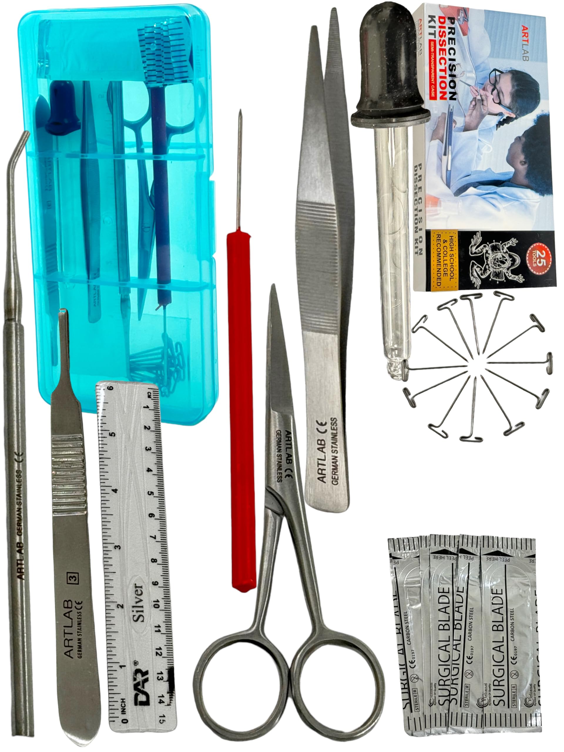 ArTLaB Premium -Precision Dissecting Dissection Kit 25 Piece Biology Dissecting Kit -Stainless Steel Instruments Scalpel handle Blades & T-Pins Biology Students & Faculty Autoclavable Transparent Case