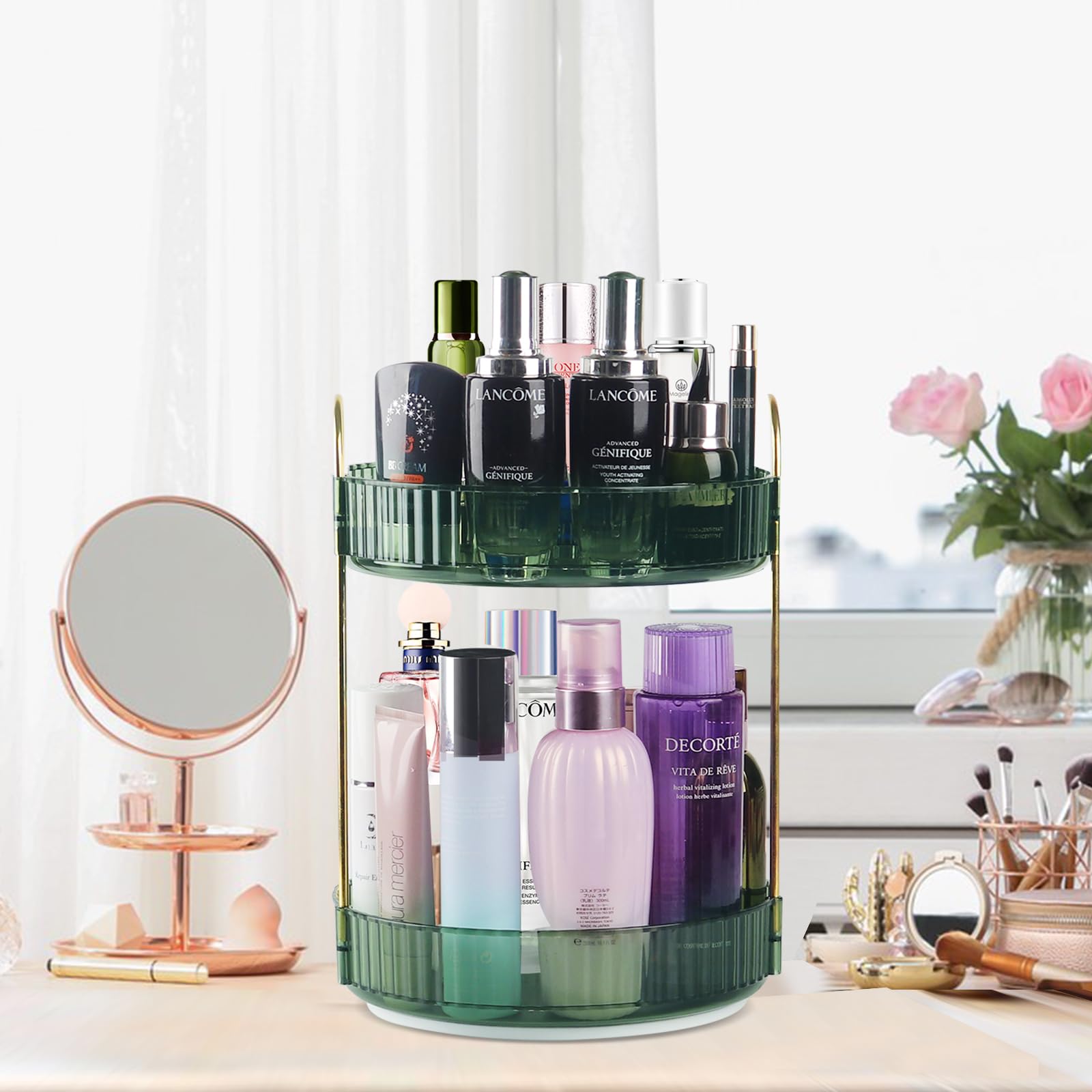 YUUHENG Rotating Makeup Organizer for Vanity - 360 Makeup Storage Spinning Holder Rack, Large Capacity Multi-Function Cosmetics Storage Shelf, Fits Countertop(1 Tier, Green)
