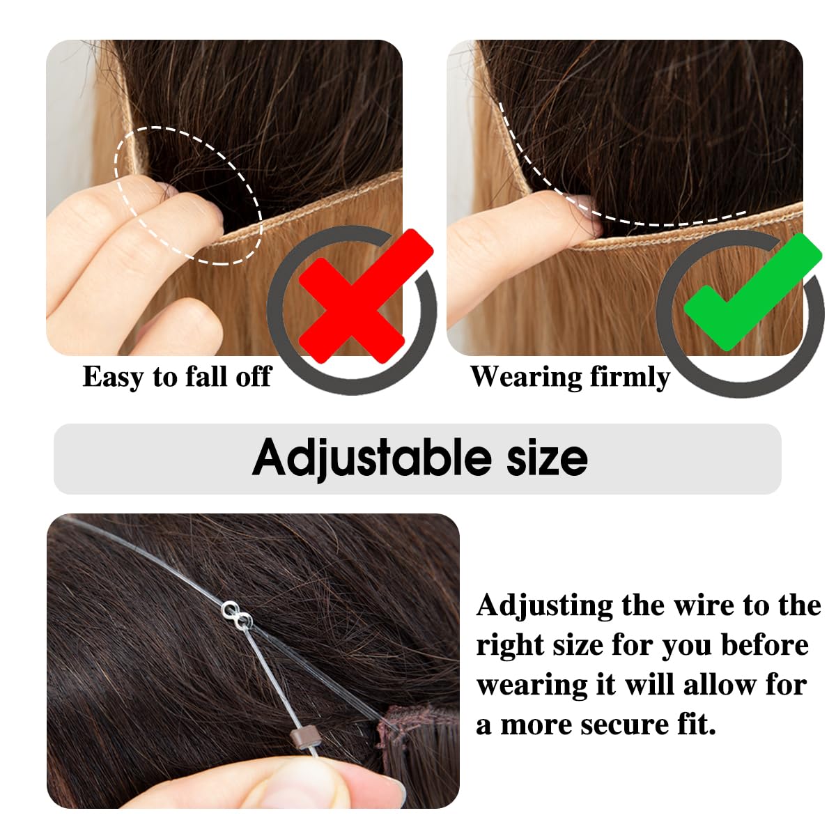 SARLA Invisible Wire Hair Extensions with 3 Clips Long Synthetic Wavy Curly Hairpiece Adjustable Transparent Headband for Women 18 Inch Black Brown