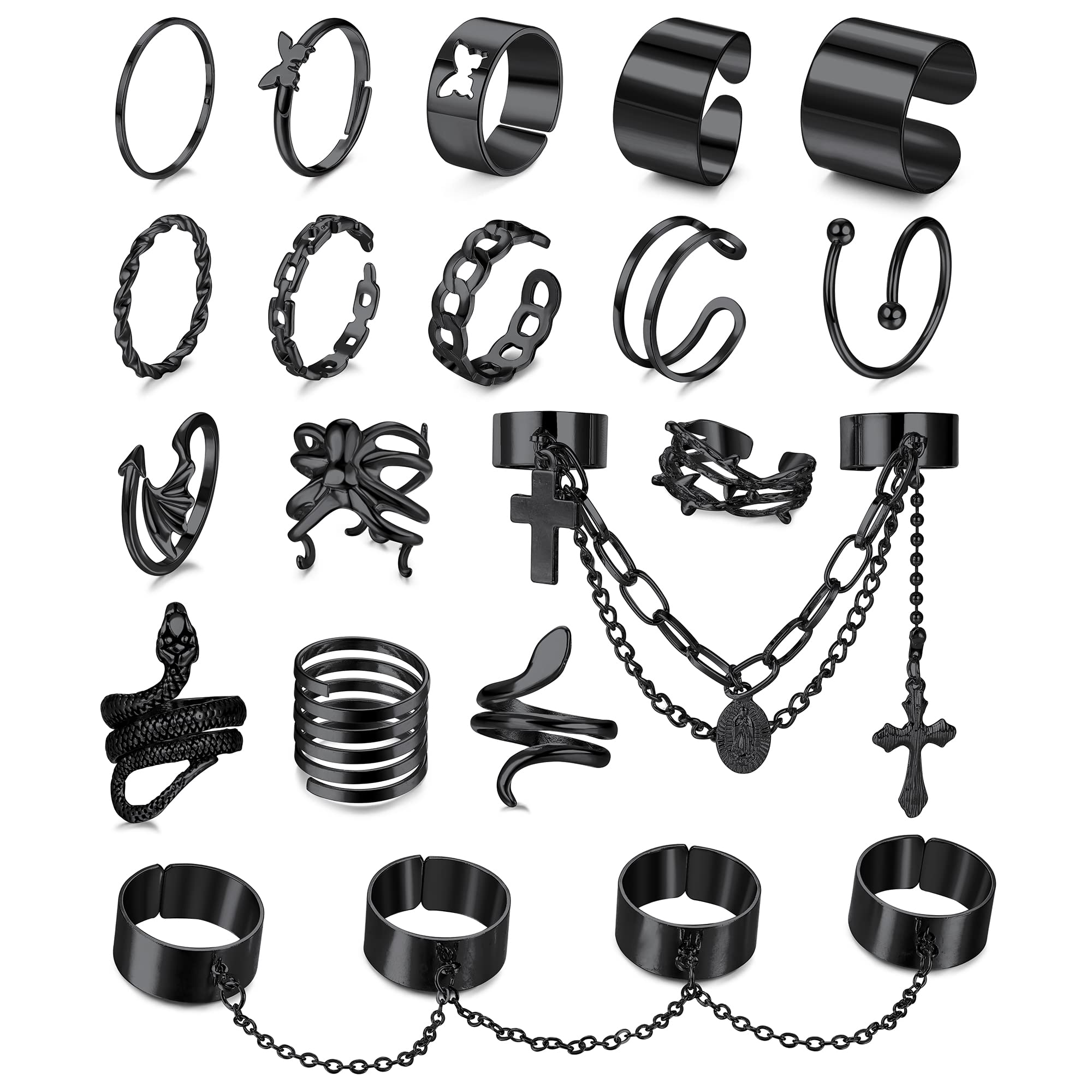 FIBO STEEL 18PCS Gothic Punk Chain Finger Rings for Women Men Y2K Black Stackable Rings Snake Chain Rings Open Adjustable Knuckle Emo Rings Punk Gothic Jewelry