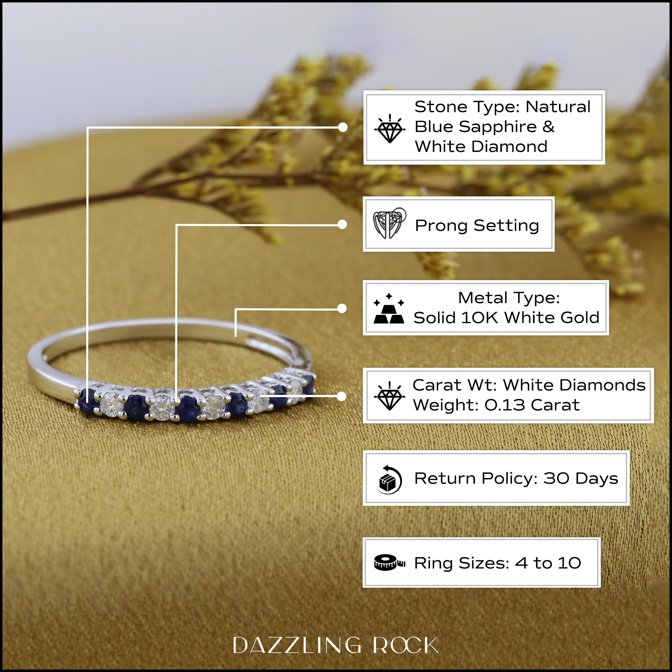 Dazzlingrock Collection Alternate Round Blue Sapphire & White Diamond Stackable Wedding Band in 10K Solid White Gold Size 10