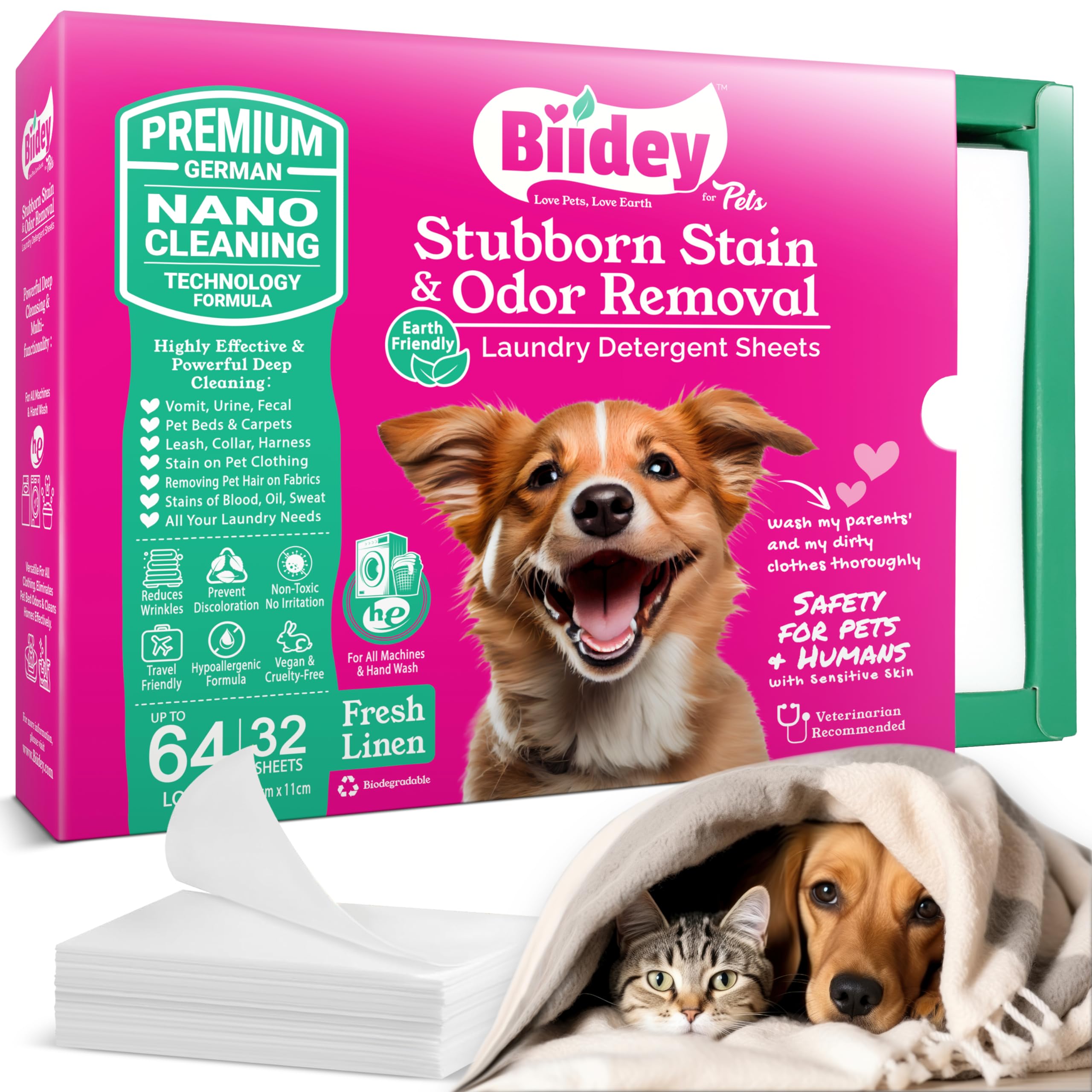 Biidey Pet Odor Stain Laundry Sheets and Eye Care Bundle - Laundry Detergent Sheets, Pet Hair Odor Eliminator Stain Remover, Dog Cat Eye Wash Wipes Tear Stain Remover