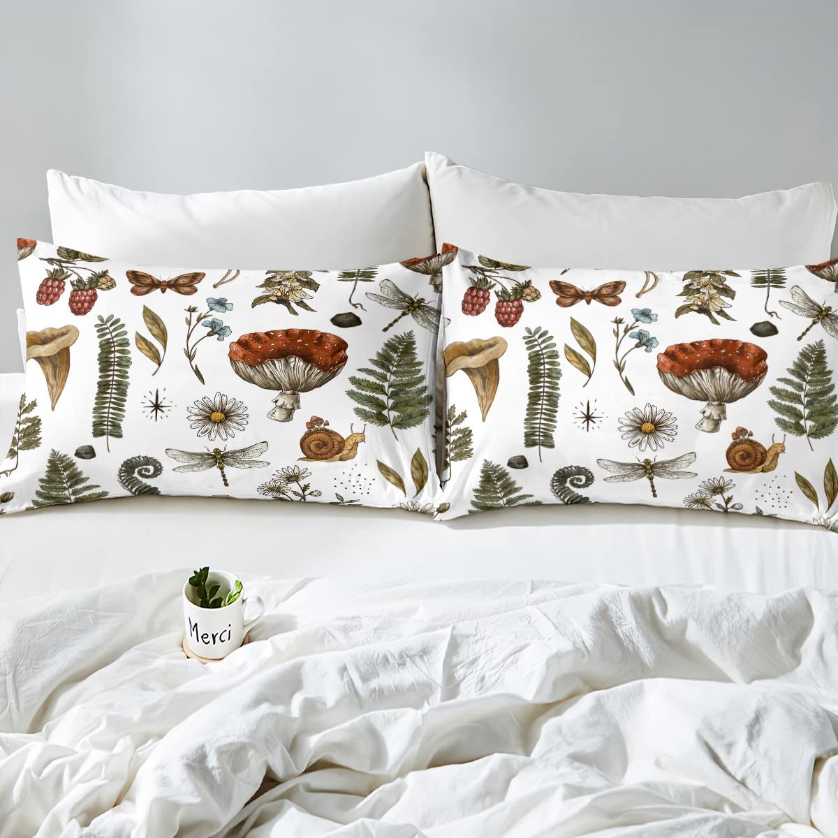 Mushroom Bed Sheets Full Size 4 Pcs Wild Dragonfly Butterfly Hippie Daisy Sheets Set for Teens Adults Botanical Leaves Outdoor Plants Rustic Style Bedding Set with Flat,Fitted Sheet,2 Pillowcases