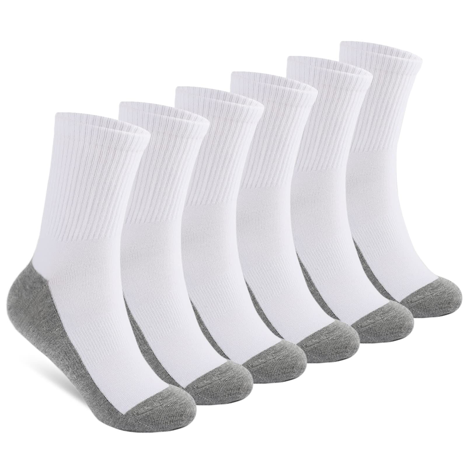 Auranso Boys Crew Socks 6 Pairs Kids Girls Cushion Athletic Ankle Socks White Grey 10-14 Years