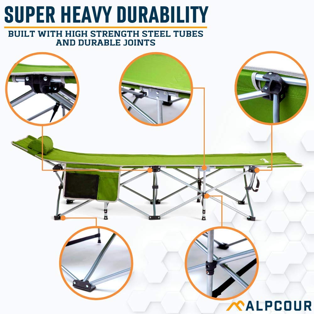 Alpcour Folding Camping Cot β Deluxe Collapsible Single Person Bed in a Bag w/Pillow for Indoor & Outdoor Use β Ultra Lightweight, Comfortable, Heavy Duty Design Holds Adults & Kids Up to 300 Lbs