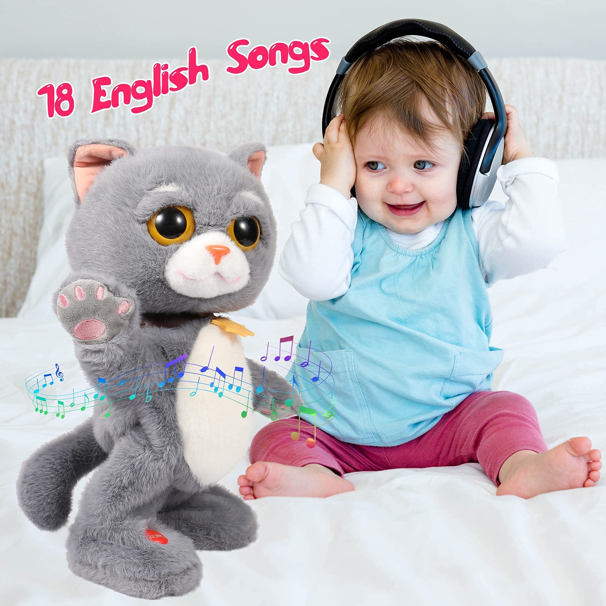 gebra Baby Toys 12 18 Months Singing Dancing Talking Cat Toddler Toys Interactive Cat Plush Early Learning Educational Musical Toy Gift for Boys and Girls Age 1 2 3 4 5, 14"