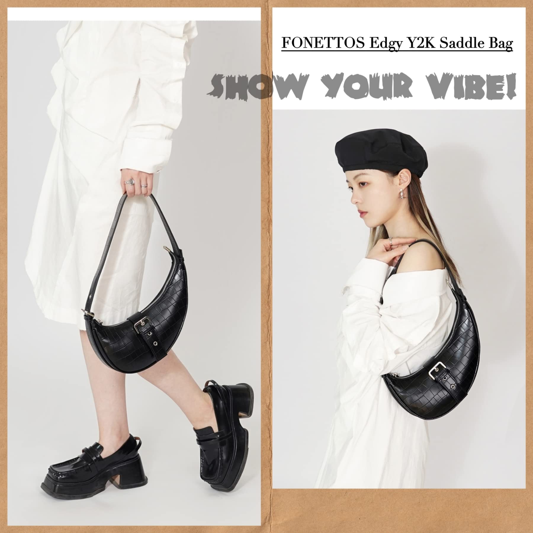 FONETTOS Y2K Saddle Hobo Bag, Women Shoulder Purse Moon Bag Handbag Fashion for Girls