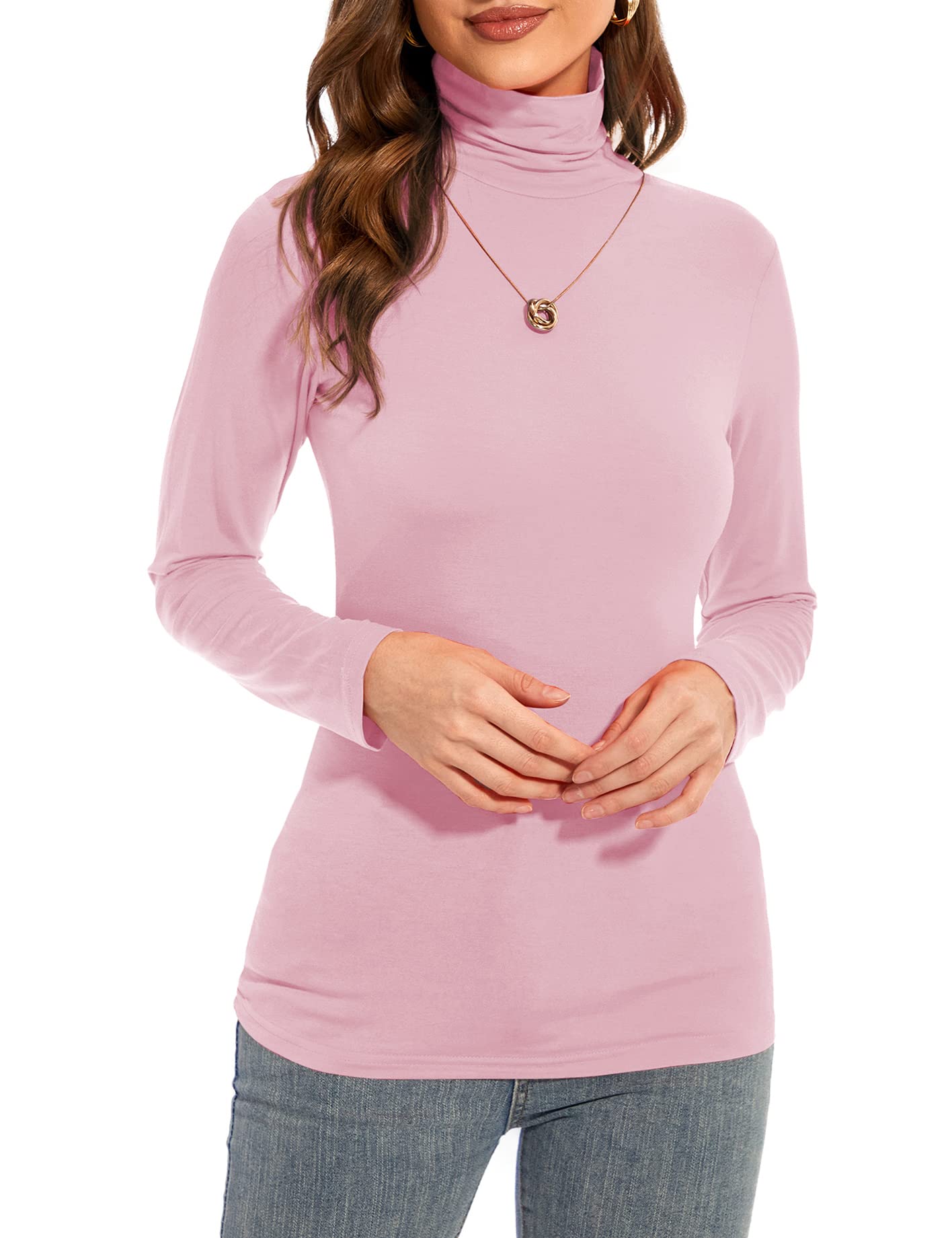 Anyeager Pink Thermal Long Sleeve Women Mock Turtleneck Stretch Slim T Shirt Layer Top for Women Pink X-Large