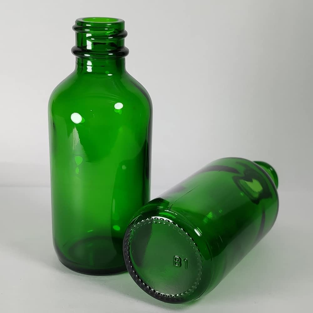 Bioll 60ml (2 oz) Boston Glass Bottles. Essential Oil Bottle With Black Poly Cone Lids. For Potion,Juice,Ginger Shots,Oils, Whiskey,Perfume,Aromatherapy,Lab Refillable Sample Vials -12 pack (Green)