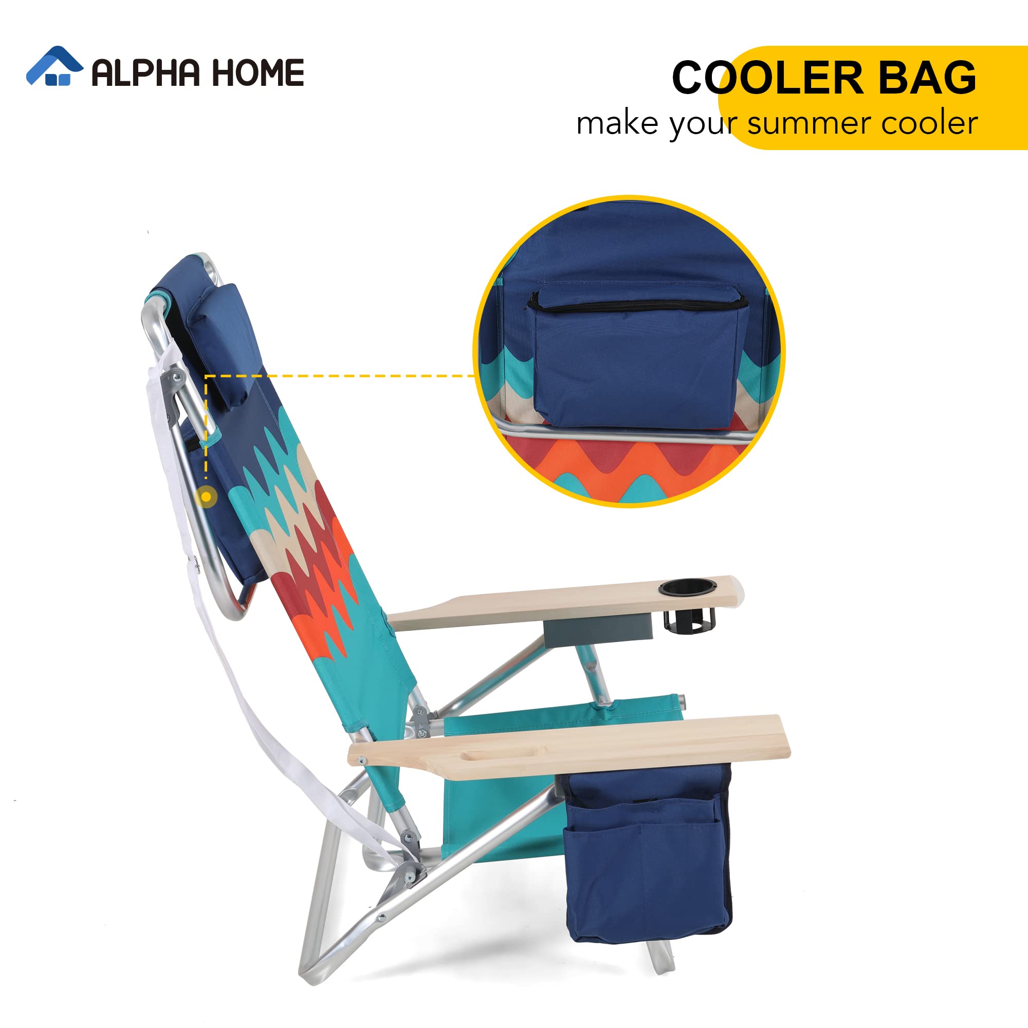 ALPHA CAMP Beach Chair With Cooler Bag Oversized Heavy Duty Steel Frame Support 250 LBS Collapsible Padded Camping Folding Chair with Cup Holder Quad Lumbar Back Chair Portable for Outdoor/Indoor,Wave