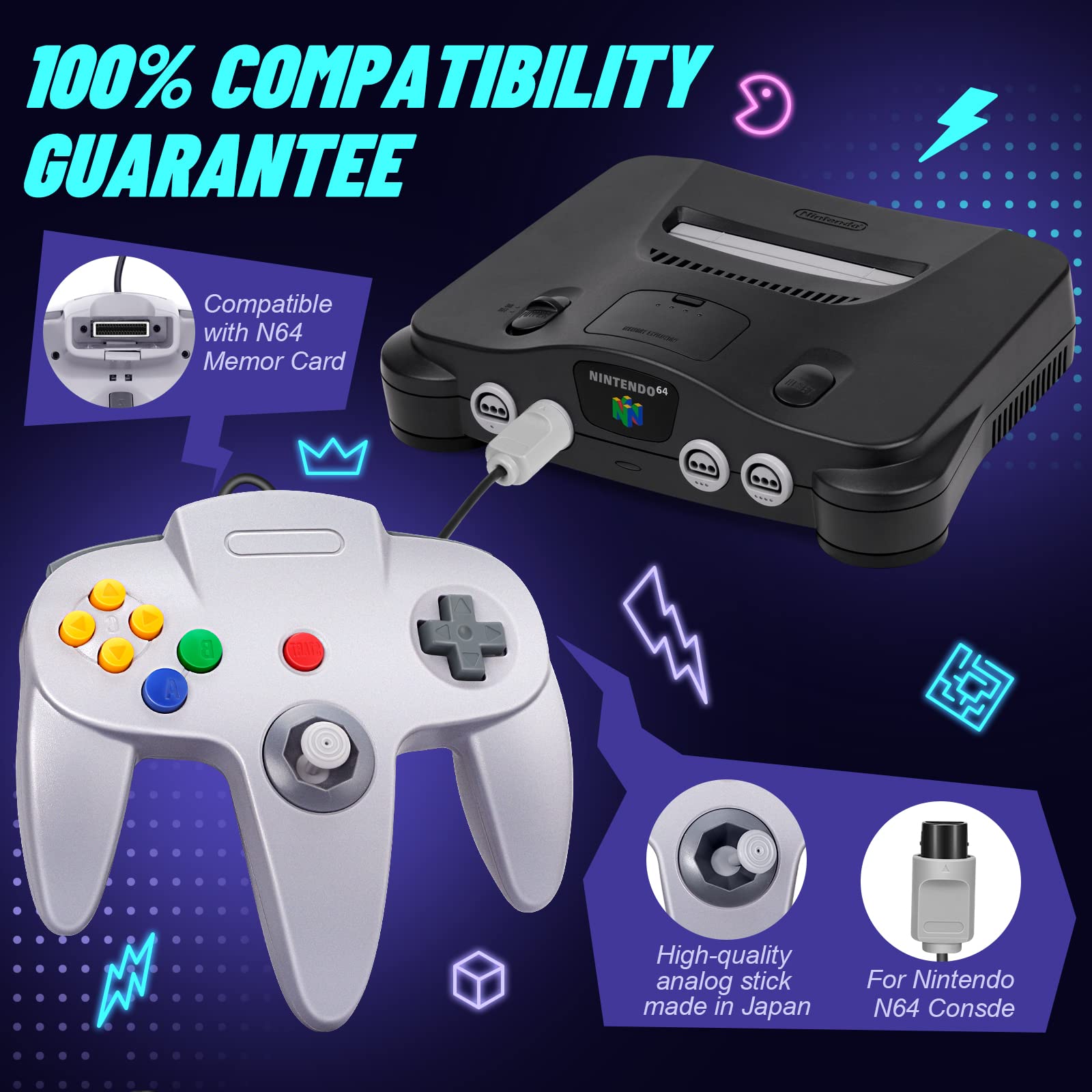 FISUPER Wired N64 Controller Classic Gamepad Joystick for N64 Console (2 Pack Grey)