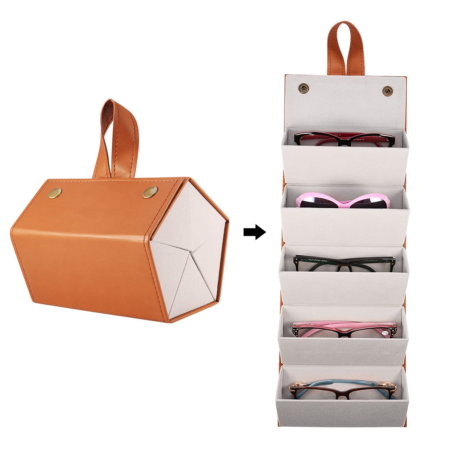 ANYGIFT 5 Slot Foldable Sunglass Organizer PU Leather Multiple Sunglass Case Organizer Travel Size(5 Slot,Brown)