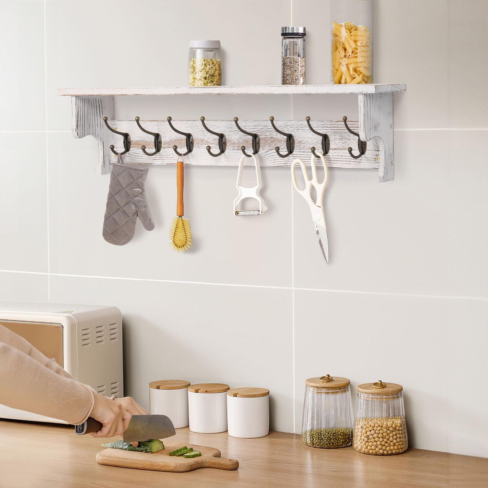 BECHAEO 35.8'' Wood Coat Rack Wall Mount with Shelf, White Wall Coat Rack with Hooks, Farmhouse Rustic Coat Hooks with Shelf for Entryway Bathroom Hallway Kitchen Bedroom