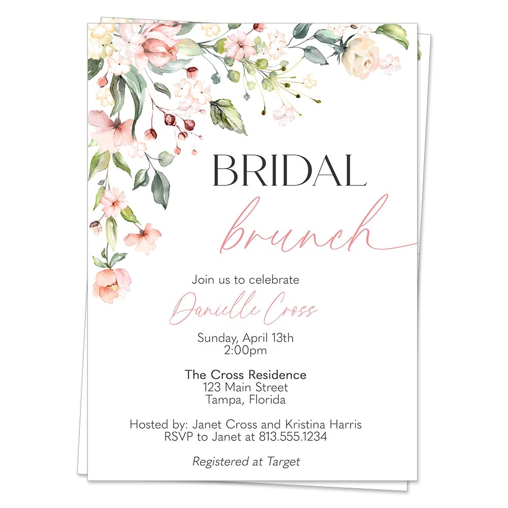 Bridal Shower Invitation Wedding Shower Invite Bridal Brunch Floral Flowers Pink Blush Spring Printed Cards Customized Personalized Cards (12 Count)