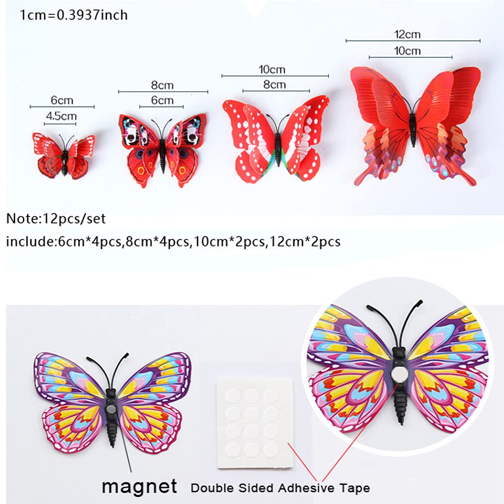 PVC Beautiful 3D Butterfly Wall Decals, 12pcs Removable DIY Home Decorations Double Layer Butterflies Wall Stickers Murals for Garden Bedroom Birthday Party Wedding TV Background Living Room(Pink)