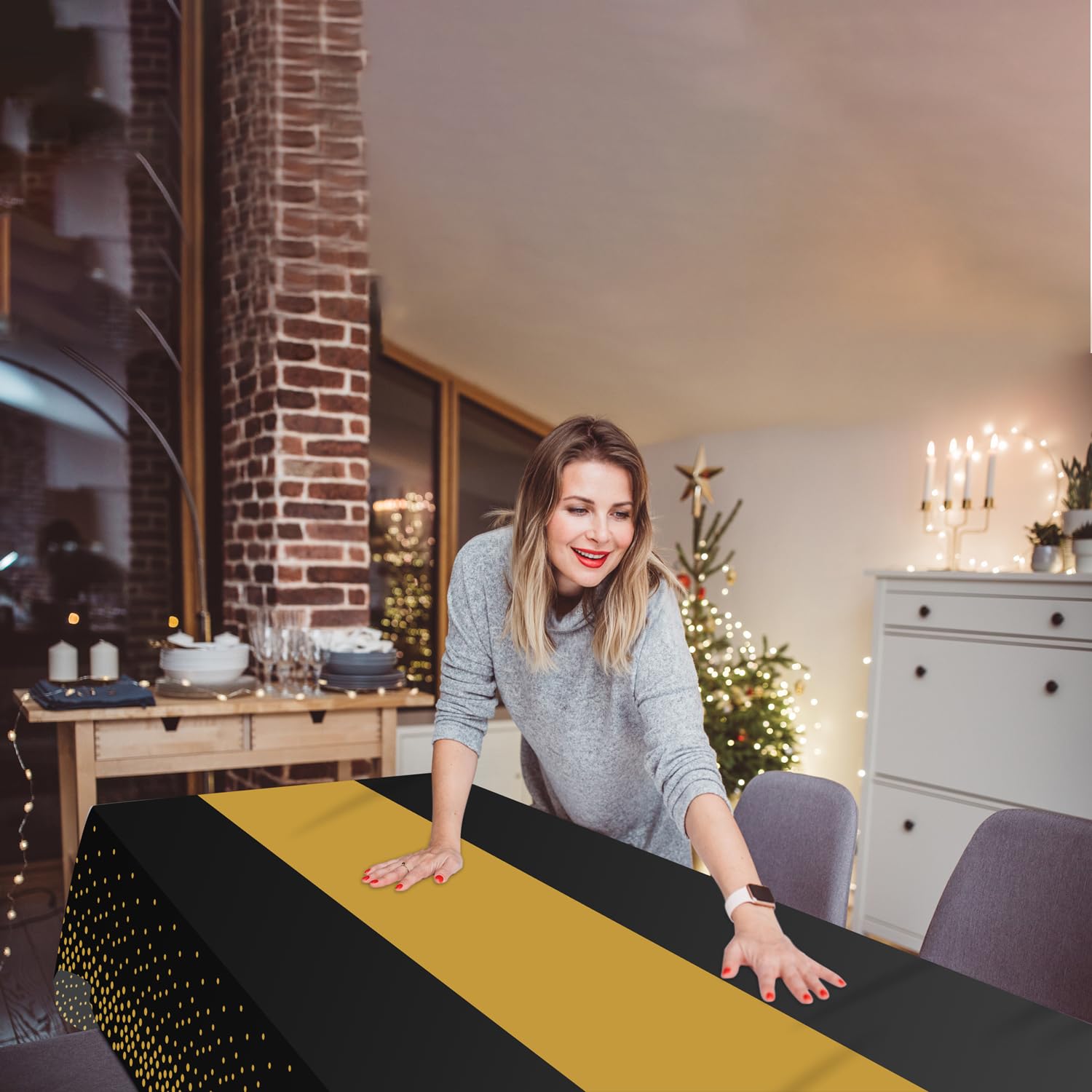byojia 4 Pack 2in1 Disposable Plastic Tablecloths 54" x 108" Black and Gold Dot Kitchen Table Cloth Rectangle Table Cover for Wedding Birthday Baby Shower Anniversary Christmas Graduation