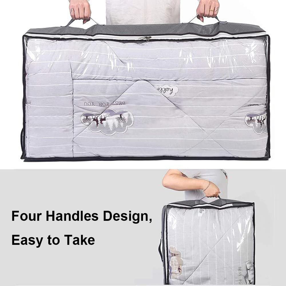 ASANMEYO Under Bed Storage Containers, 4-Pack Large Capacity Underbed Storage Bags Organizer, Thick Fabric Storage Bins with Clear Window and Handles for Blanket, Comforter, Bedding, Clothes, Gray