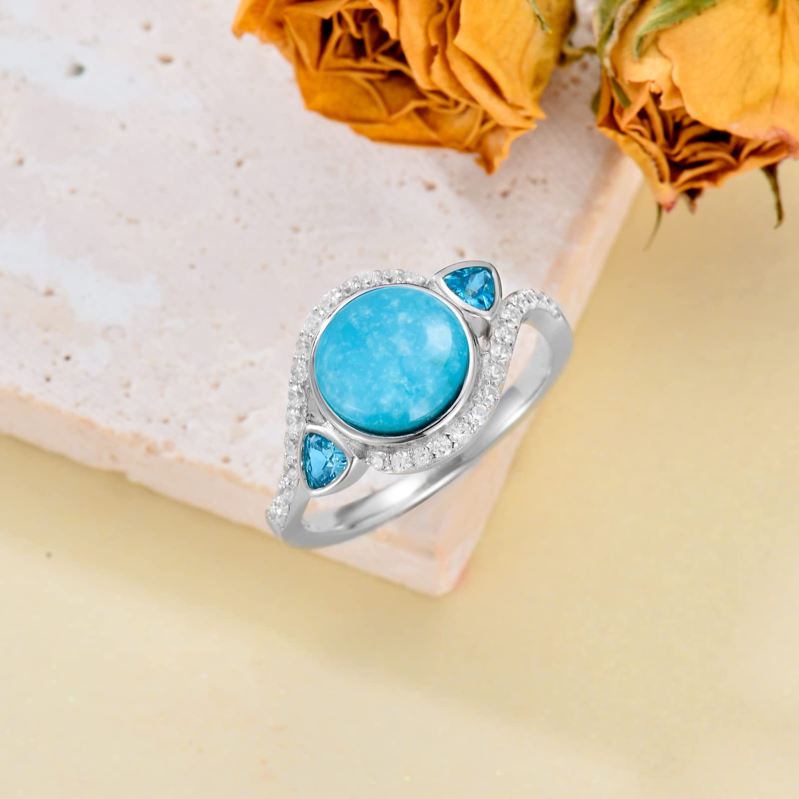Althum Turquoise Ring 925 Sterling Silver Natural Turquoise Round Shaped Blue Ring for Women Size 8