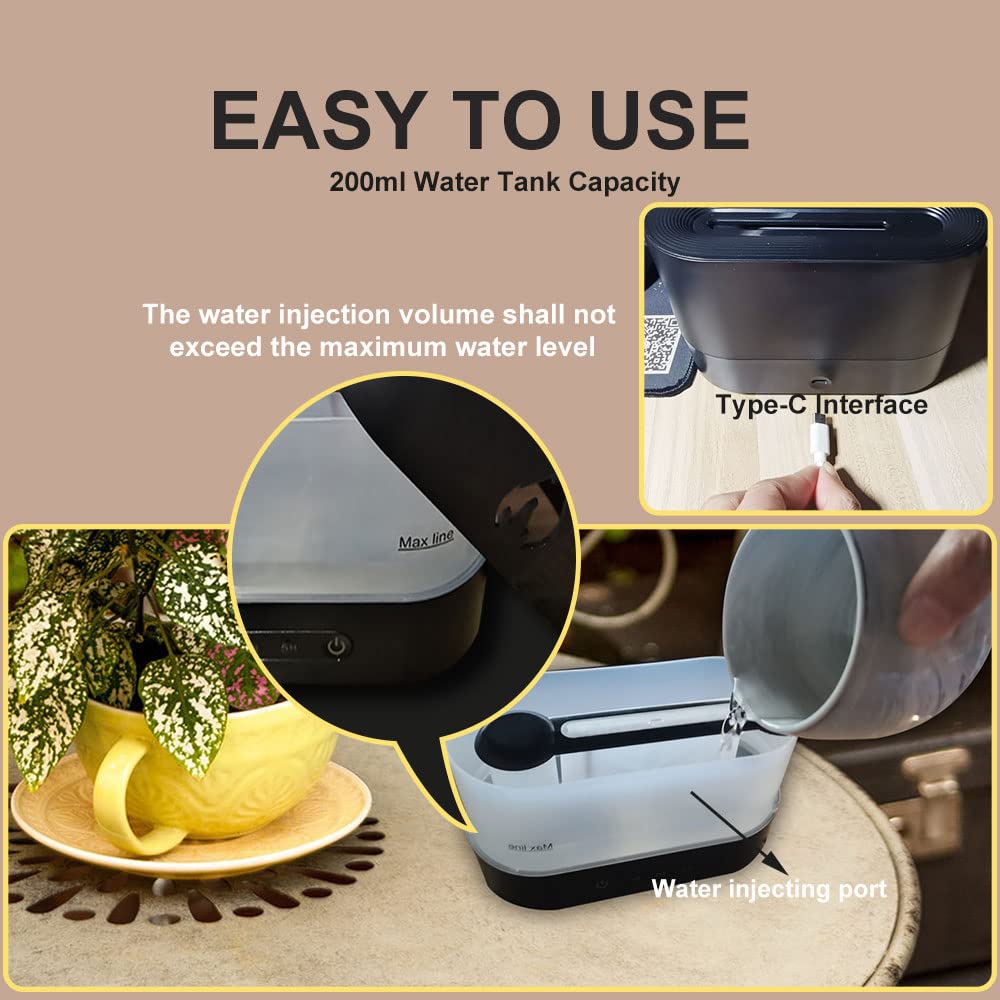 Flame humidifier for bedroom, Essential oil diffuser cool mist humidifiers for home mini air small personal humidifier, 200 ml Lasts Up to 10 Hours