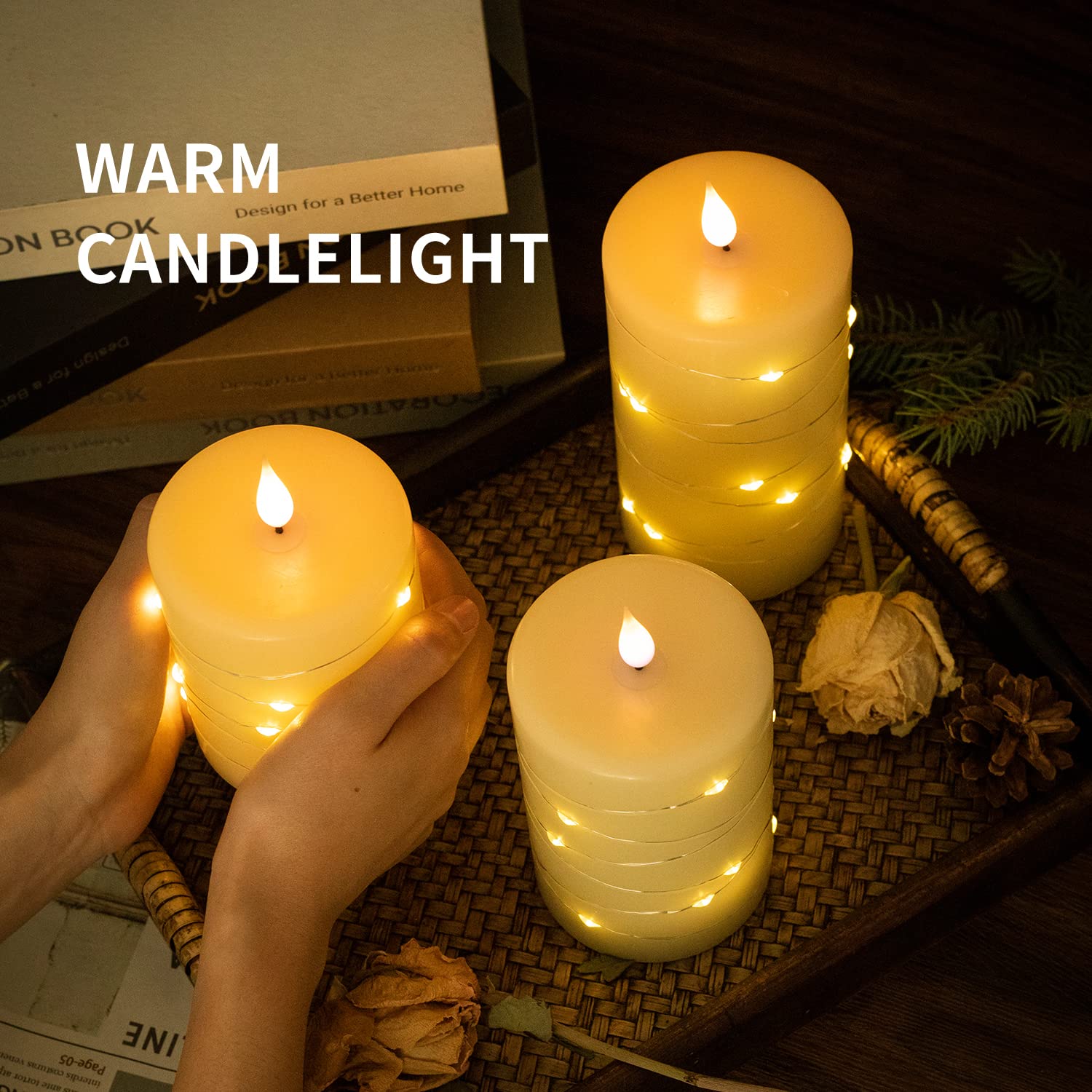 Flameless Battery Operated Flickering Valentine's Romantic Candle,with Embedded String Lights 3 Pack LED Electric Candle with 10-Key Remote Control, Dancing Flame, Real Wax(Batteries not Included)