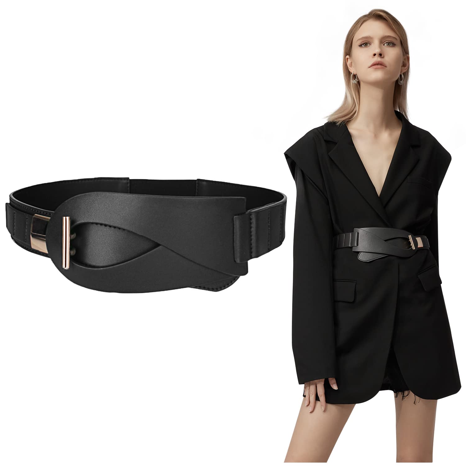 FIORETTO Dress Belts for Women, Wide Black Elastic Belt, Fashion Cinch Belt, Leather Ladies Waist Belts