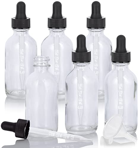 JUVITUS 2 oz / 60 ml Clear Glass Boston Round Graduated Measurement Glass Dropper Bottle (6 Pack) + Funnel