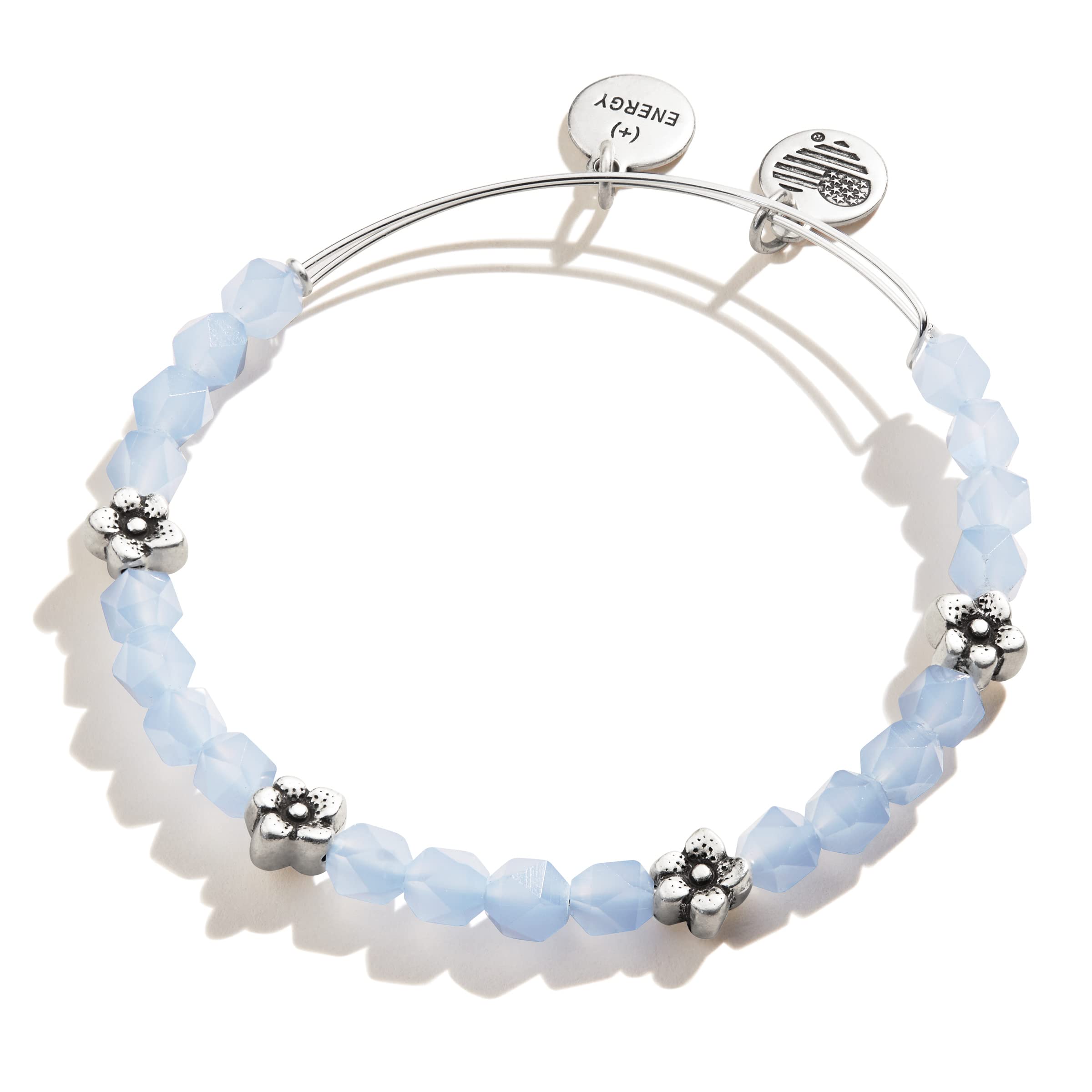 Alex and Ani Daisy and Color Beaded Expandable Bangle for Women, Icy Blue Beads, Rafaelian Silver Finish, 2 to 3.5 in