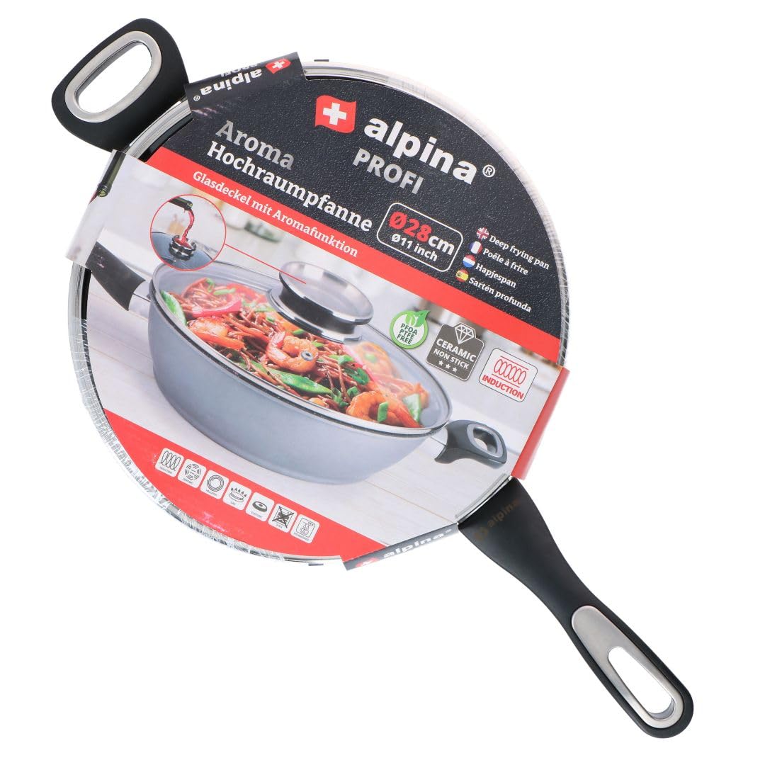 alpina Casserole – Diameter 28 cm – Frying Pan with Glass Lid – Non-Stick Coating – All Hob Types – Aluminium