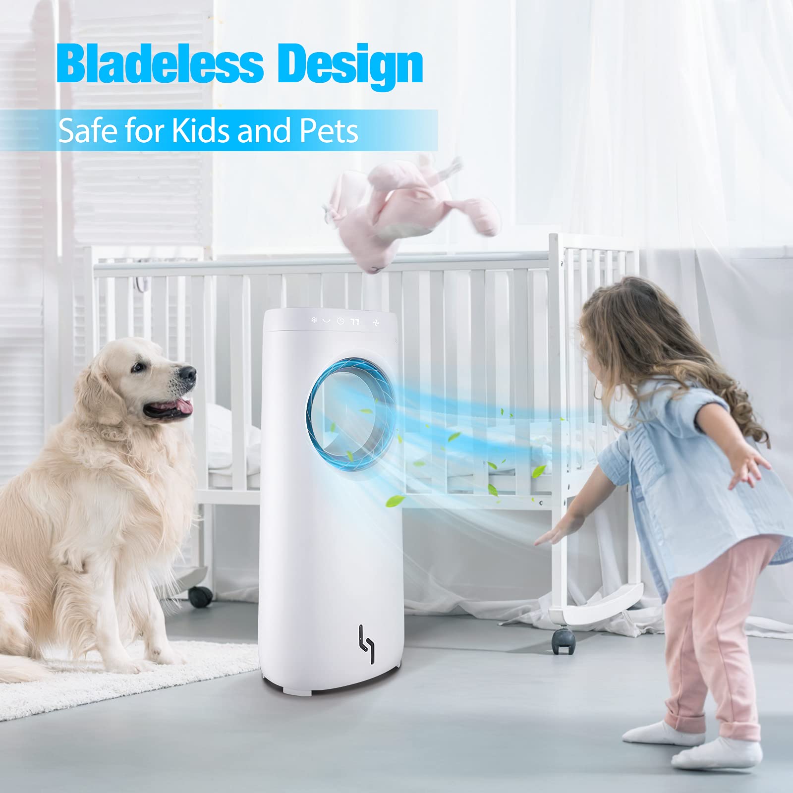 Evaporative Air Cooler - Trustech Portable Air Cooler, Cool & Humidifying with 3 Speeds, 12H Timer Evaporative Cooler, Bladeless Fan Ice Boxes Contained, Remote Control Tower Fan for Large Room Office
