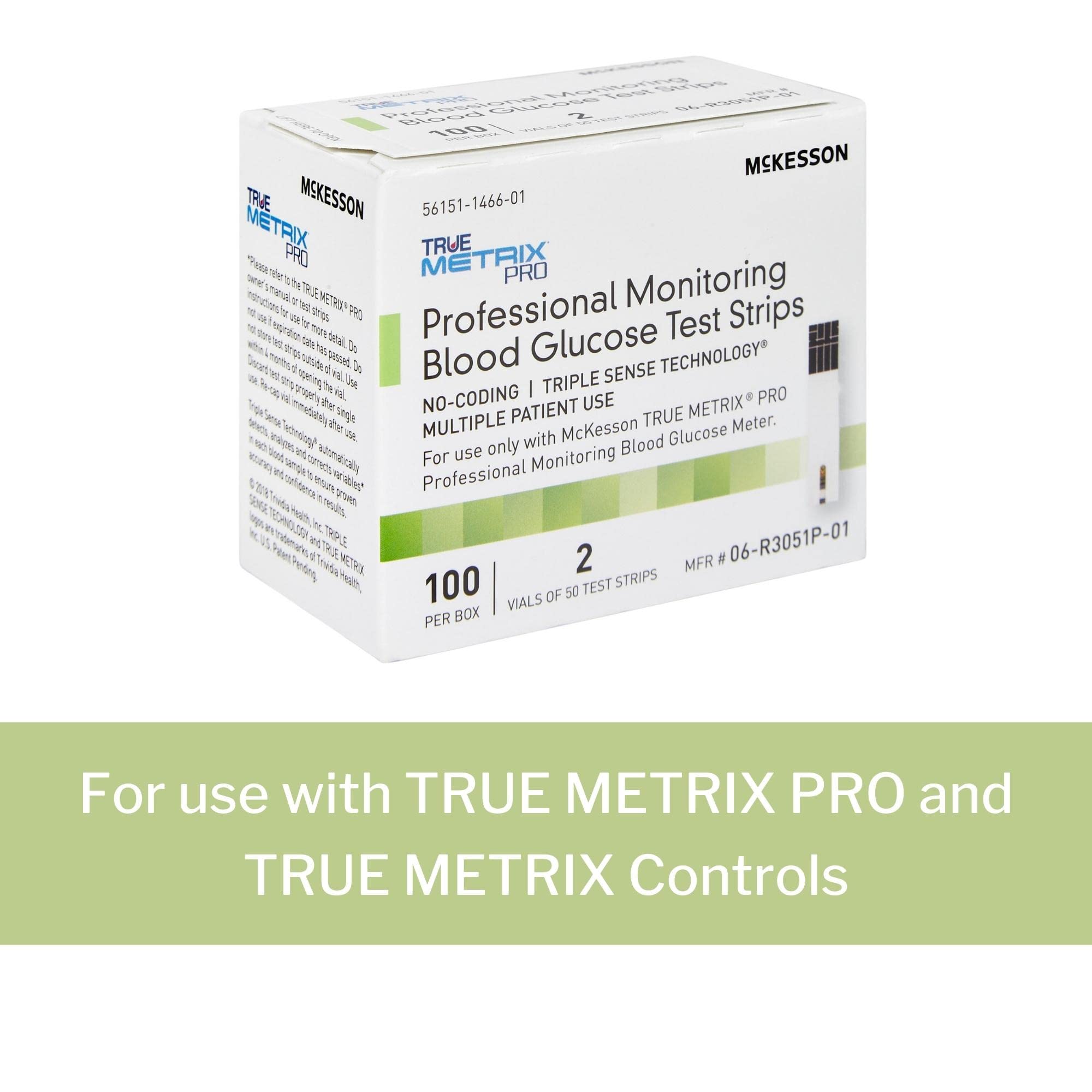 McKesson TRUE METRIX PRO Professional Monitoring Blood Glucose Test Strips - No Coding, Triple Sense Technology, Multiple Patient Use - Vials of Strips, 100 Strips, 2 Packs, 200 Total