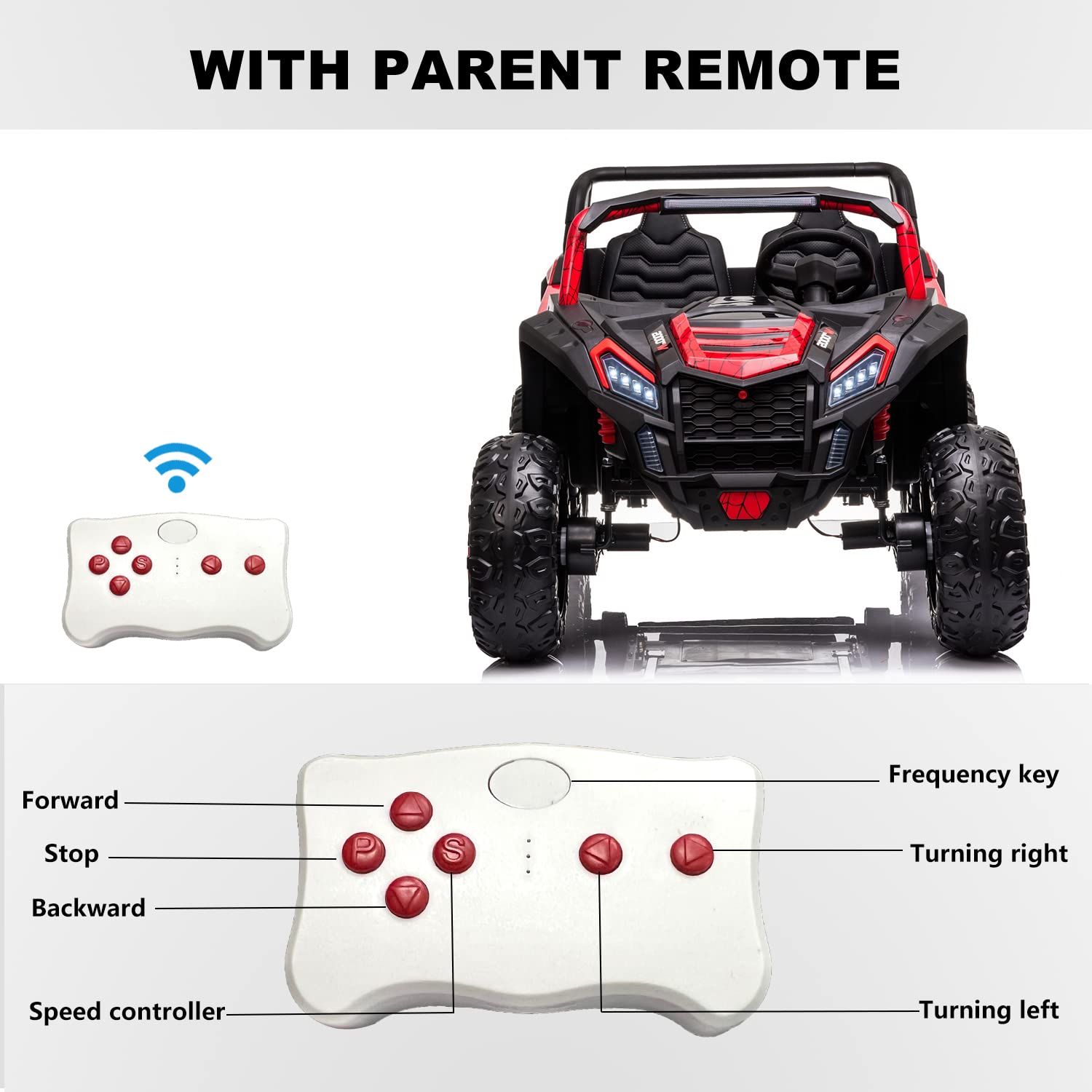 AVRCECI Ride on Car Off-Road UTV 2 Seater Battery Powered Electric Car with Remote Control,LED Lights, Adjustable Speed, MP3/USB/TF for Kids to Drive (Red)