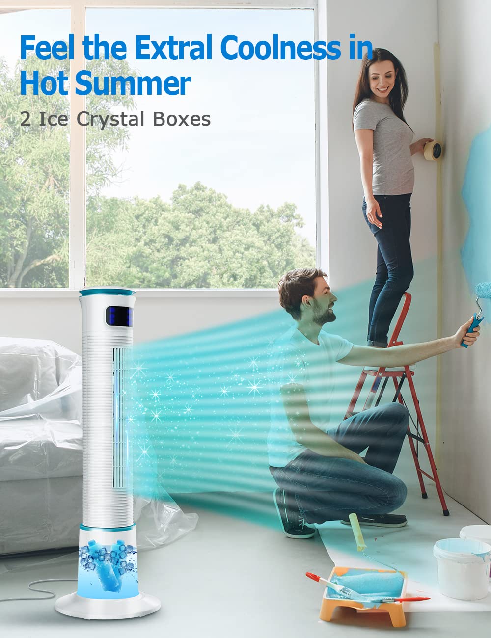 Evaporative Cooler - BREEZEWELL 2 IN 1 Portable Air Cooler, 70°Oscillating Evaporative Cooling Fan, Remote Control w/4 Modes & 3 Speeds, 15H Quiet Timer, Air Conditioner Portable for Room Office, 43IN
