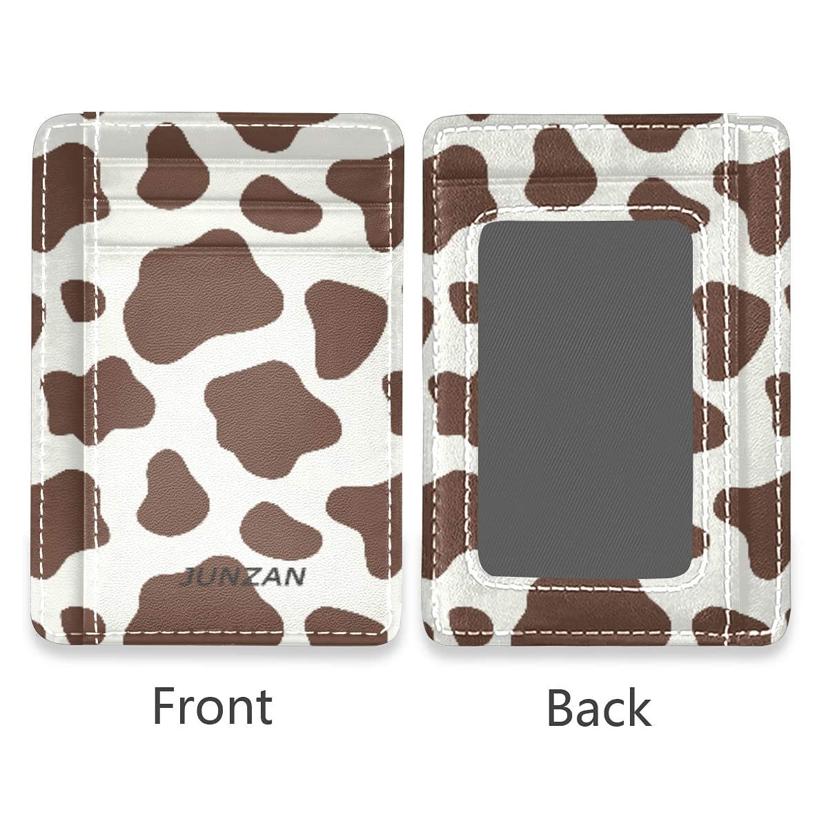 JUNZAN Slim Wallet Brown Cow Print Minimalist Wallets for Men Women Leather RFID Blocking Front Pocket Card Holder