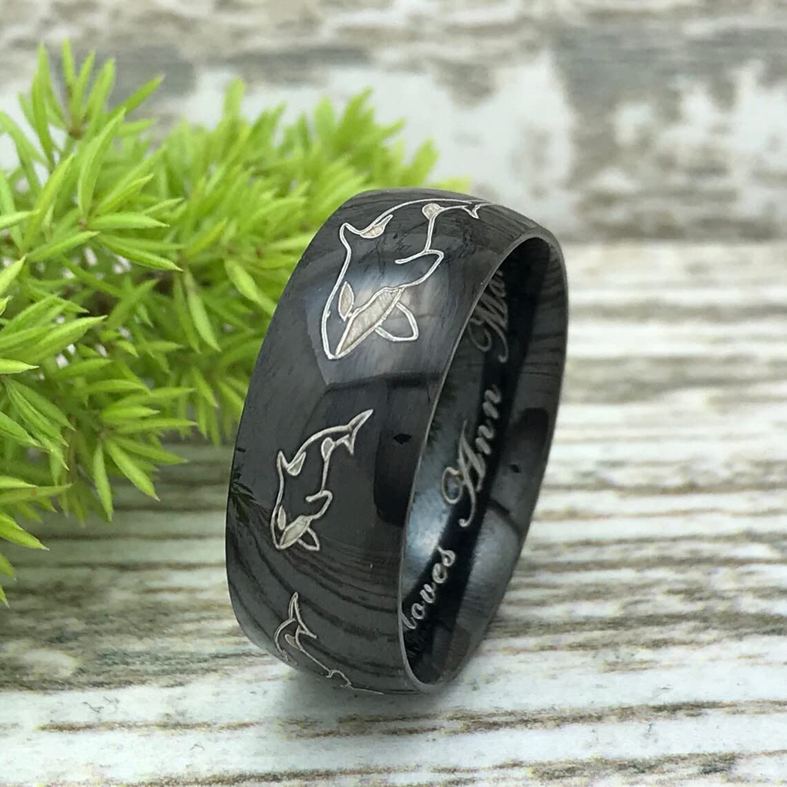 8mm Black Plated Stainless Steel Ring with Engraved Orca Killer Whale Design Sizes 5 to 15 (6)