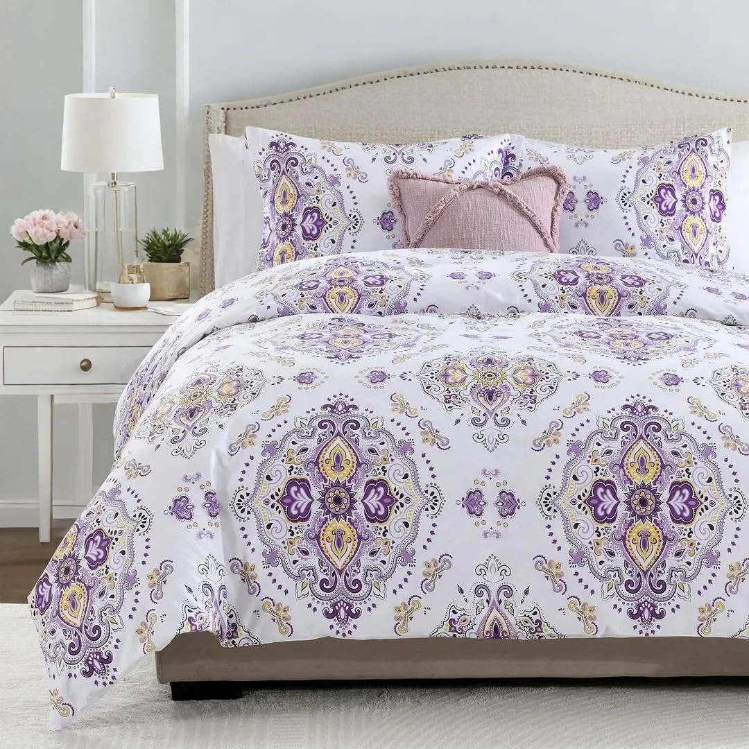 Bedduvit 100% Cotton Duvet Cover Queen Size - Purple Damask Queen Duvet Cover Set, Soft Cozy Paisley Pattern All Season Bedding Comforter Sets with Zipper Closure & 8 Ties (90"x90")